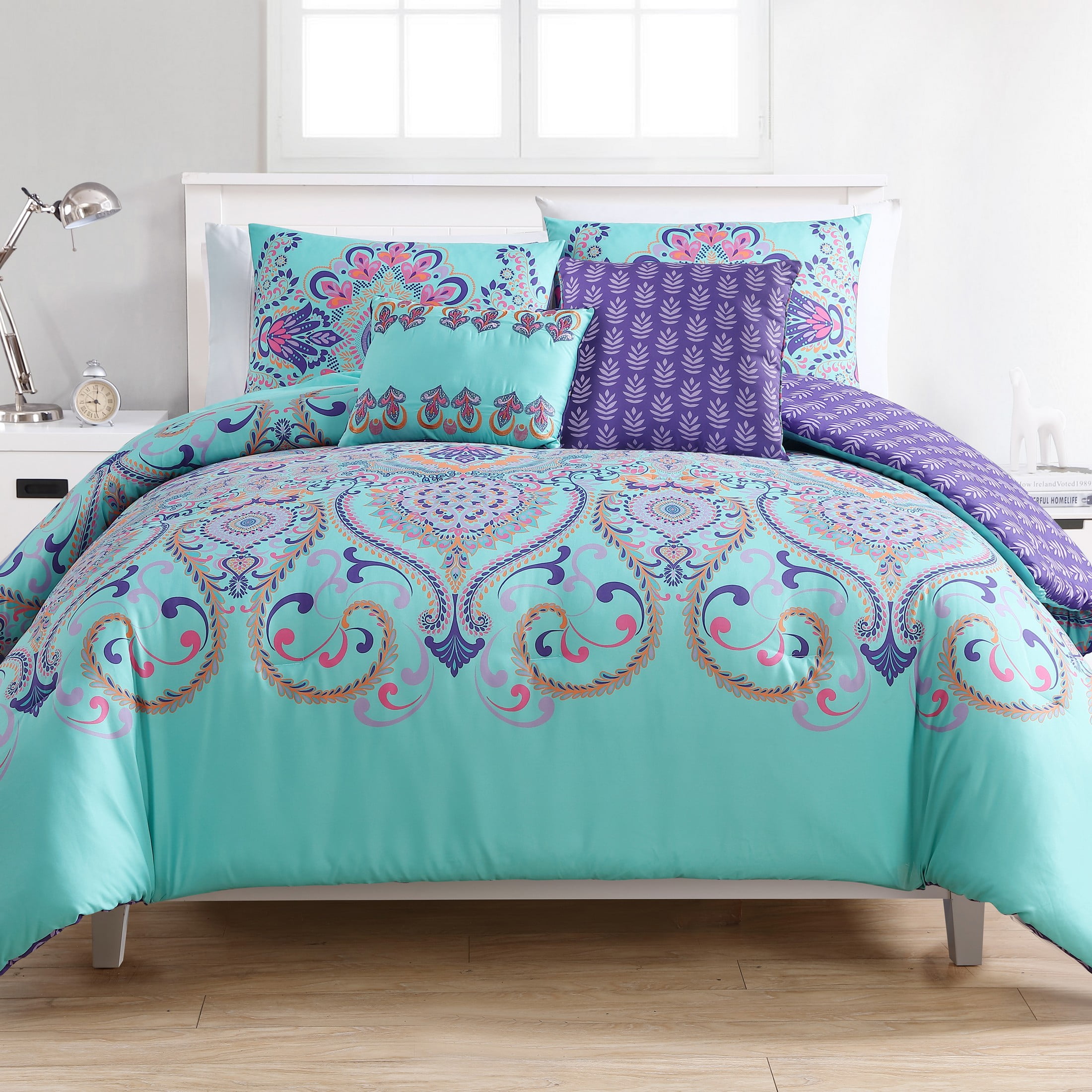 Vcny Home Amherst 5 Piece Aqua Damask Reversible Comforter Set King