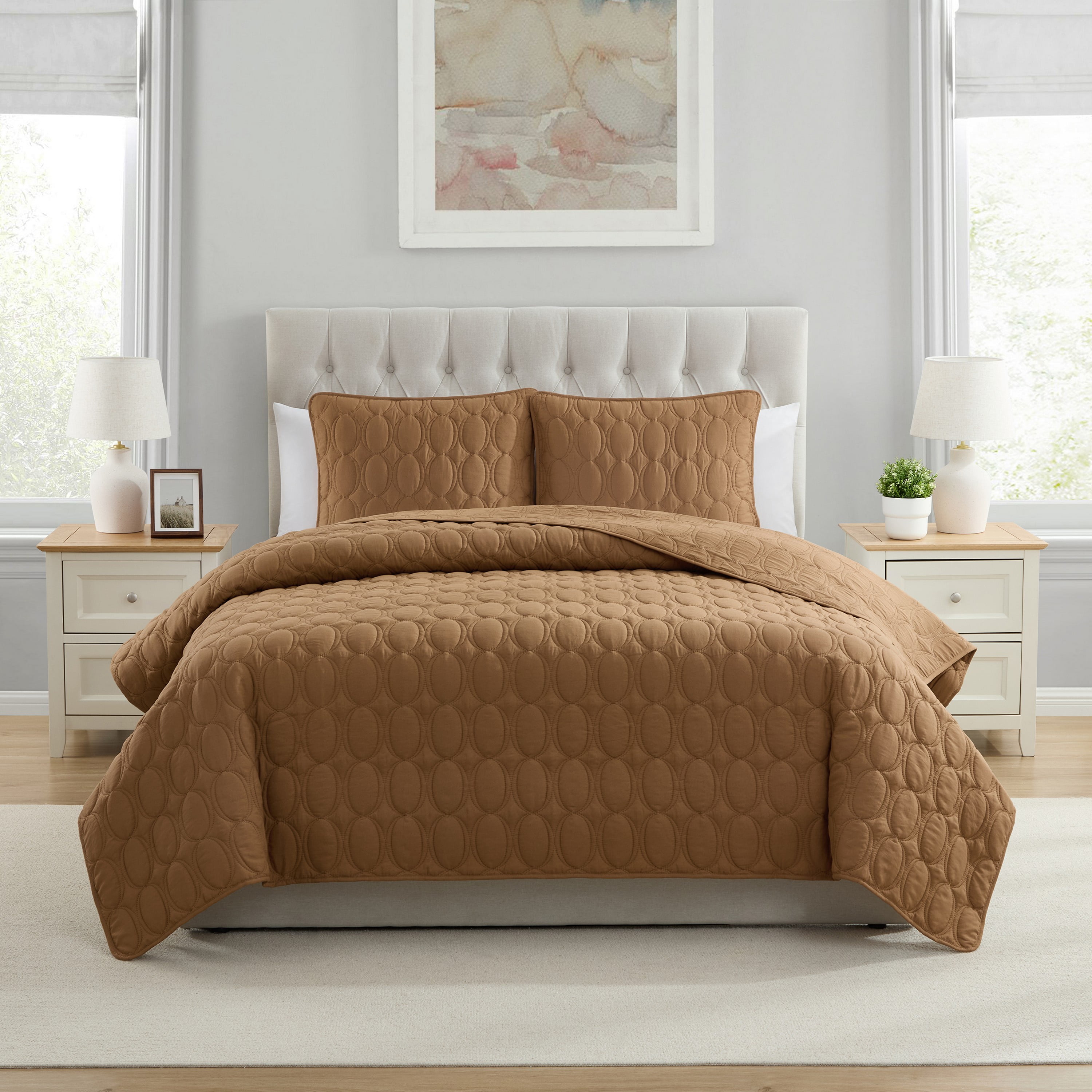 VCNY Home Circles 3-Piece Camel Geometric Pinsonic Quilt Set, Full ...
