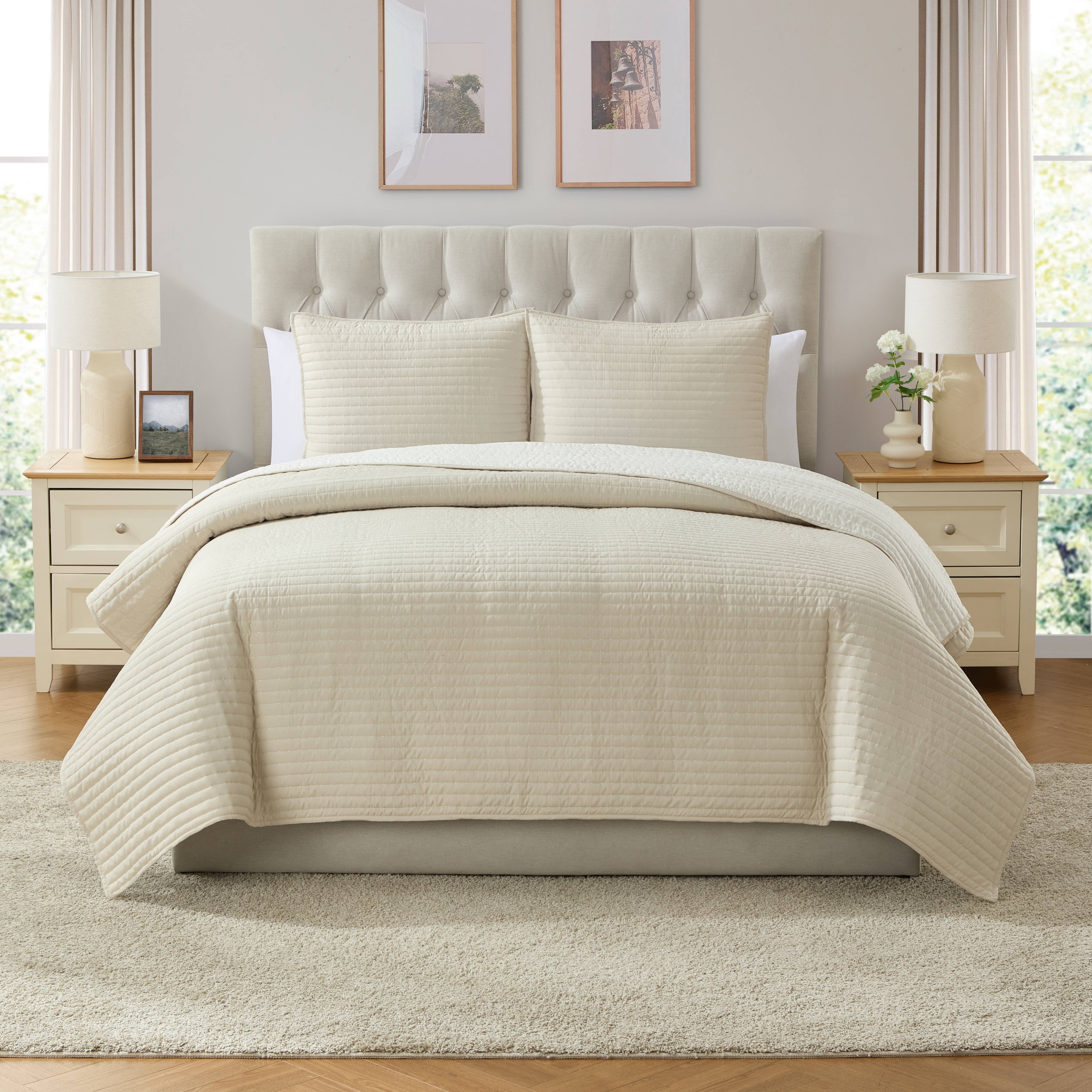 VCNY Home Embroidered 3-Piece Taupe Pick Stitch Microfiber Quilt Set ...