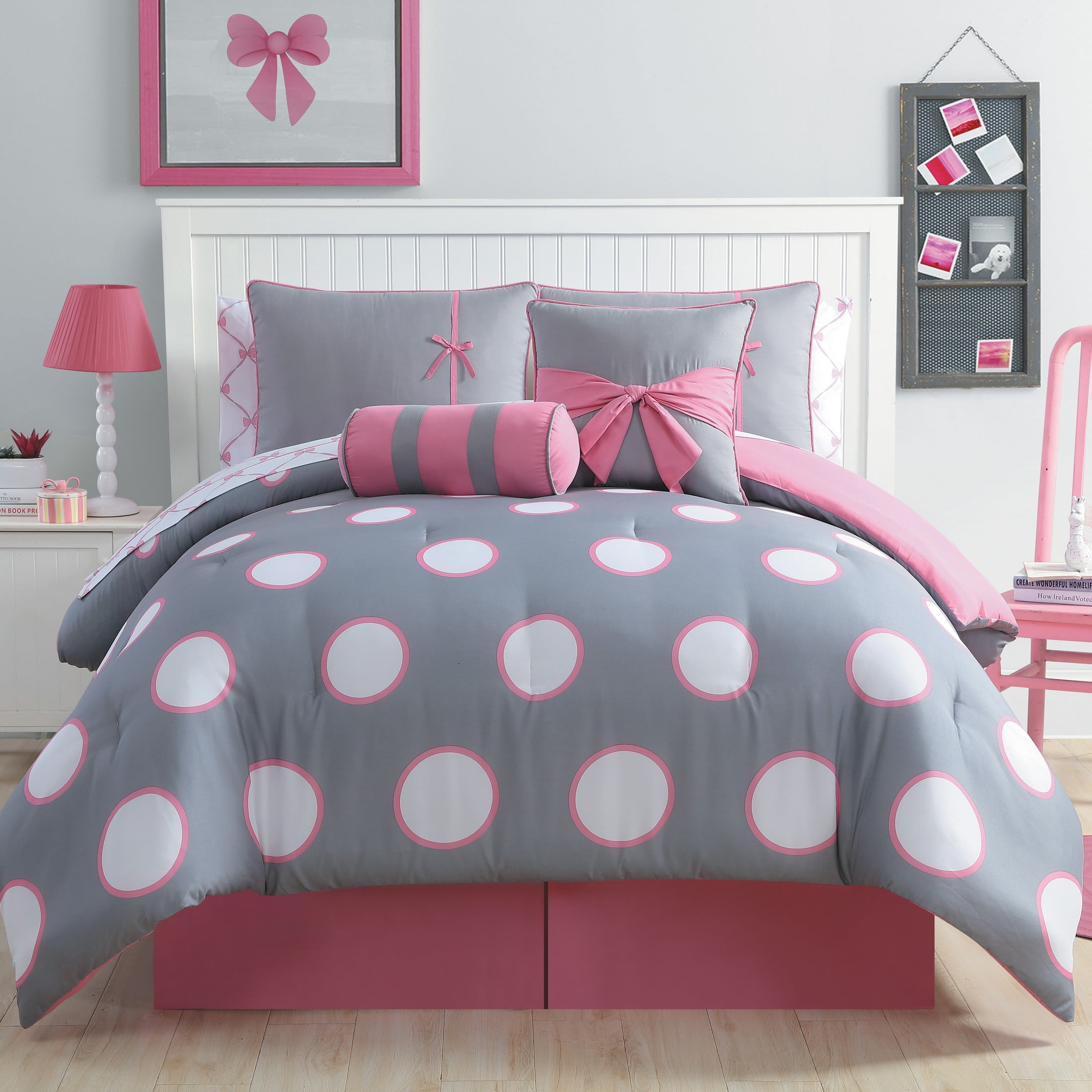 VCNY Home Kids' Sophie 10-Piece Grey/Pink Polka Dot Polyester Bed in a ...
