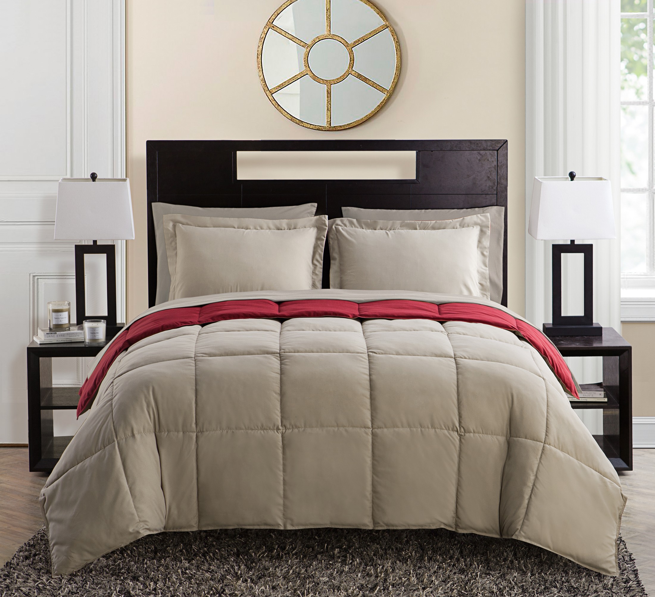 VCNY Home Lincoln 7-Piece Taupe/Red Solid Reversible Bed in a Bag ...