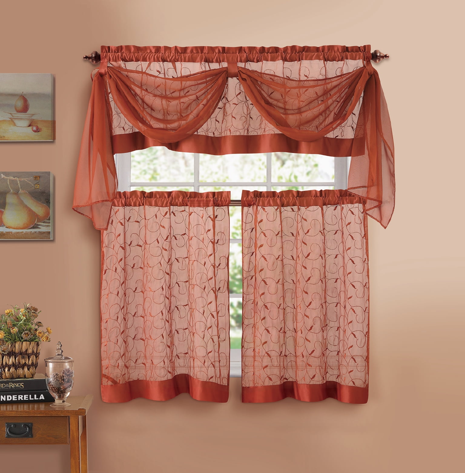 VCNY Home Linen Leaf Embroidered Complete Kitchen Curtain Set ...