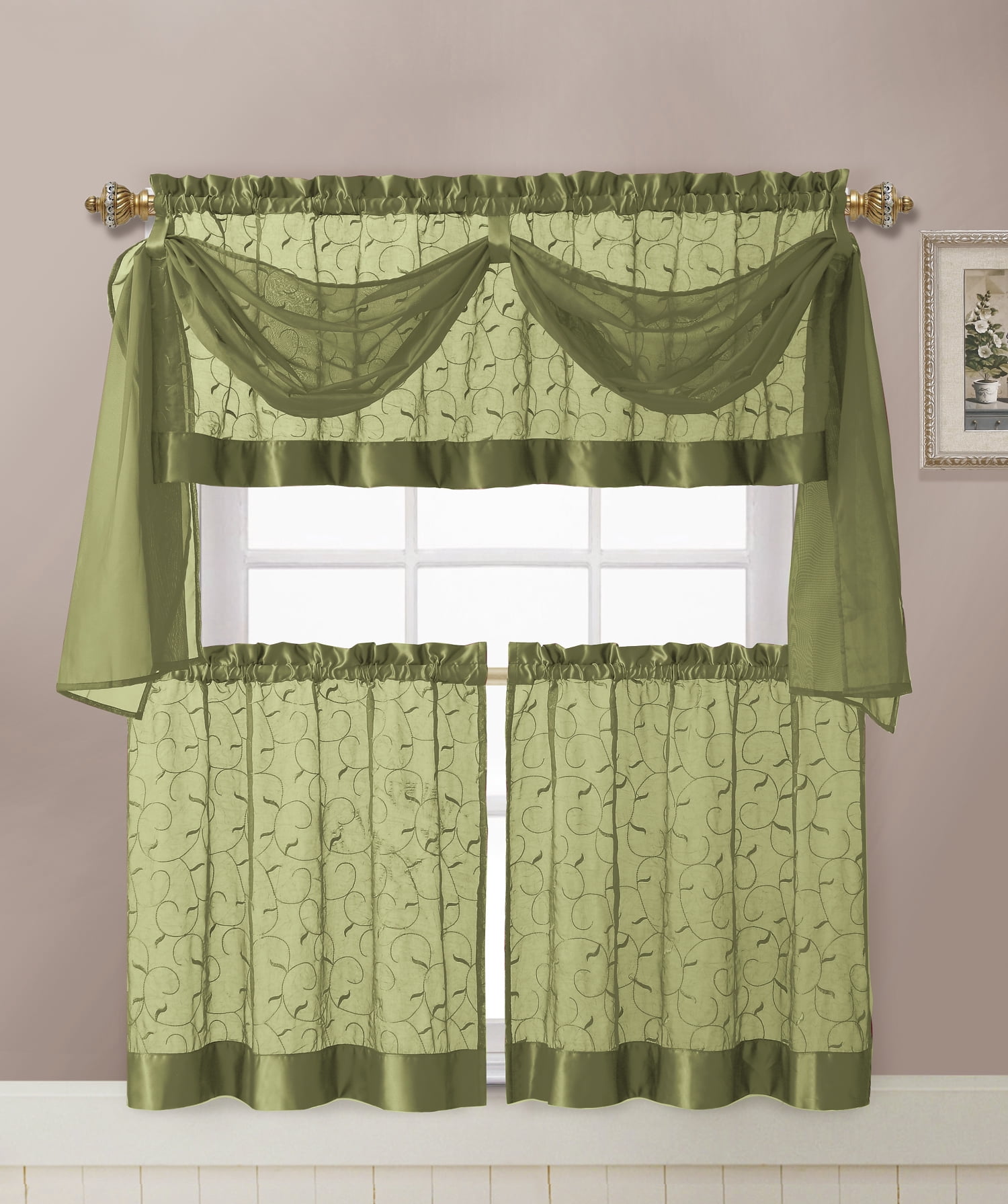 VCNY Home Linen Leaf Embroidered Kitchen Curtain Set - Sage, Window ...