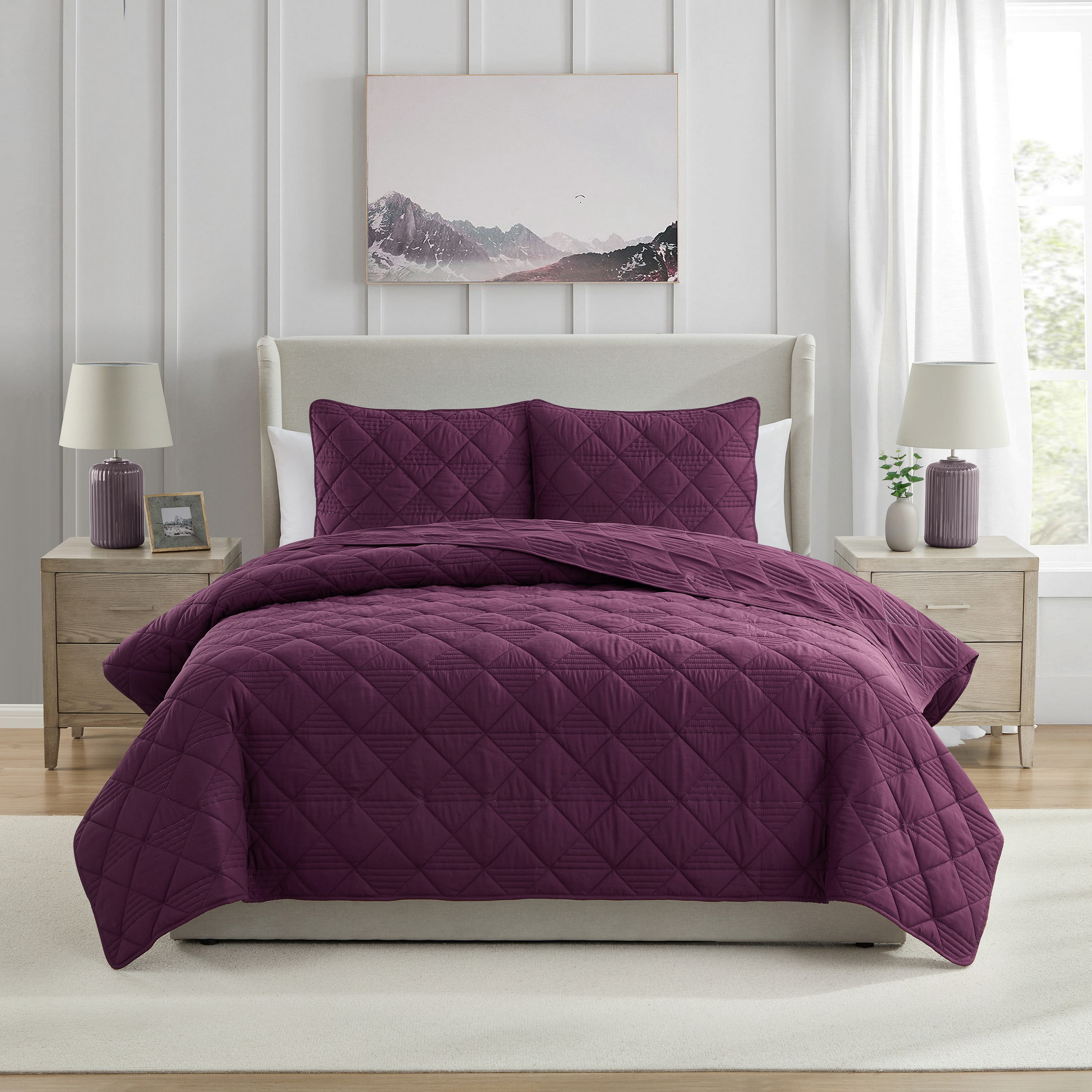 VCNY Home Lucy 3-Piece Burgundy Diamond Pinsonic Quilt Set - Walmart.com