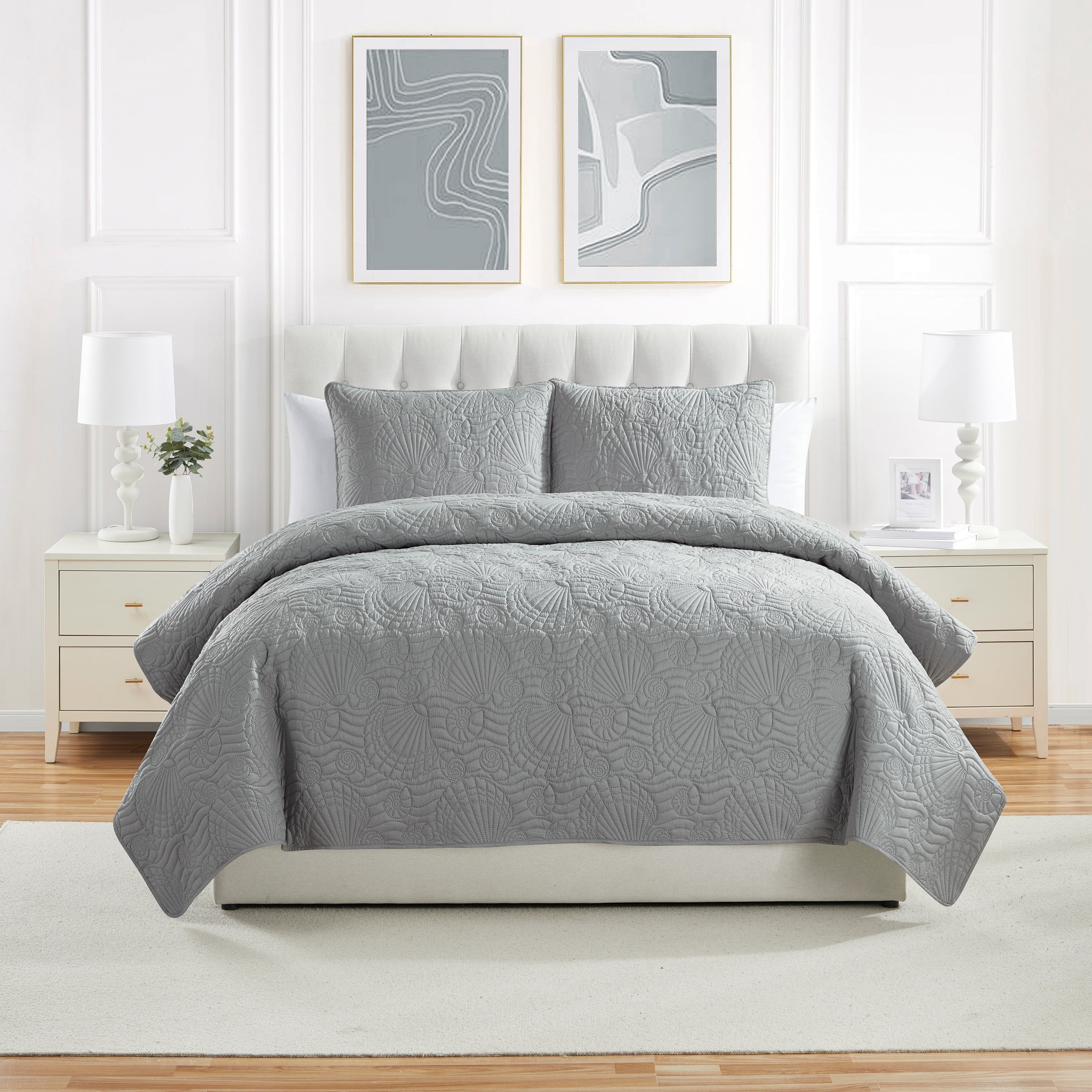 VCNY Home Ocean Coastal 3-Piece Grey Textured Seashell Quilt Set, King ...
