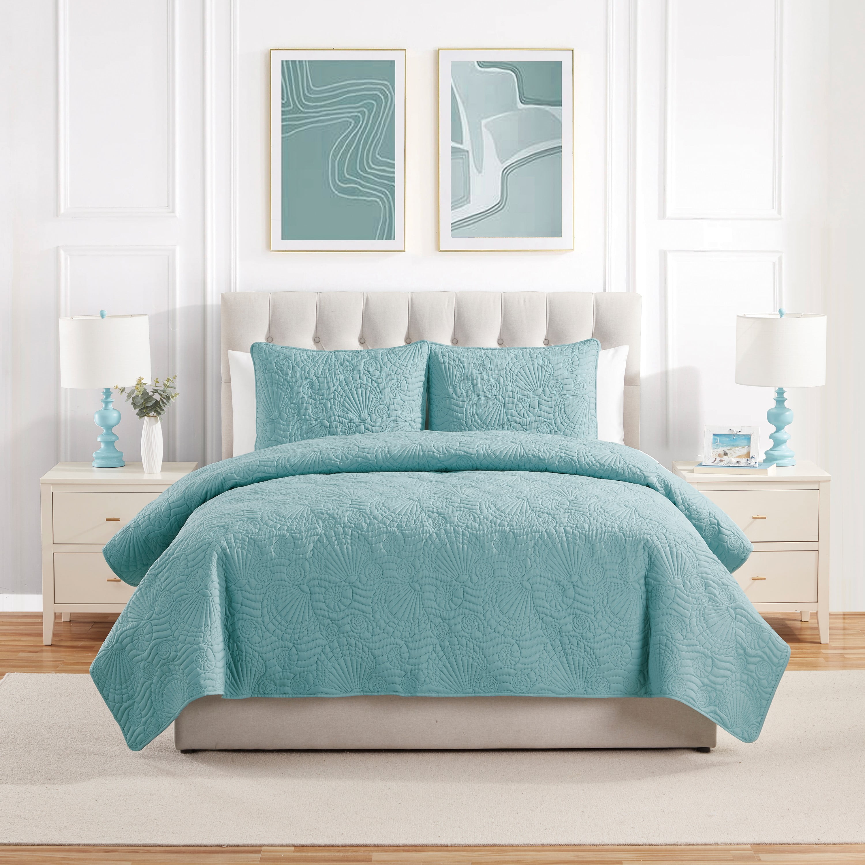 VCNY Home Ocean Coastal 3-Piece Seafoam Green Textured Seashell Quilt ...