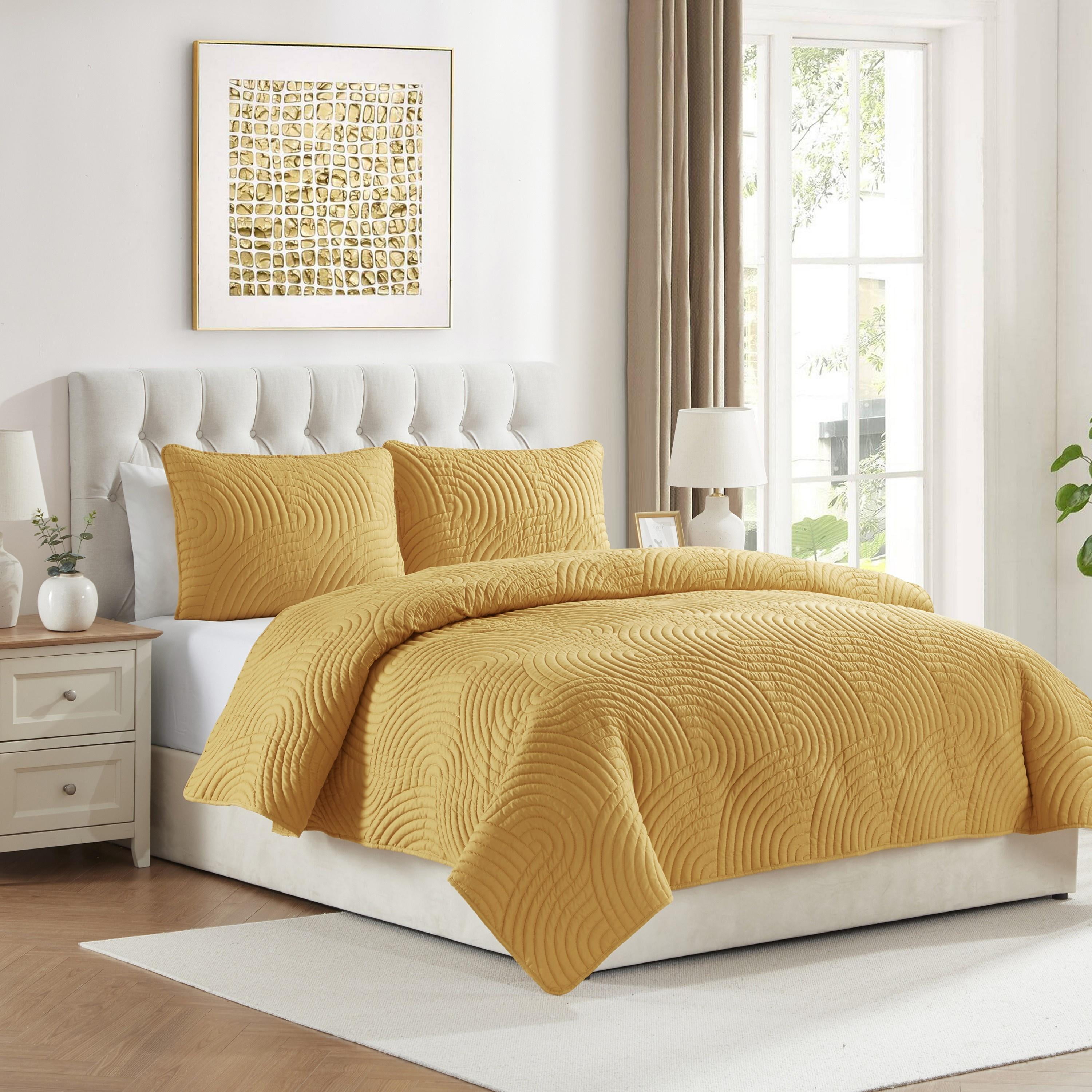 VCNY Home Sands 3-Piece Gold Textured Curve Striped Pinsonic Quilt Set ...
