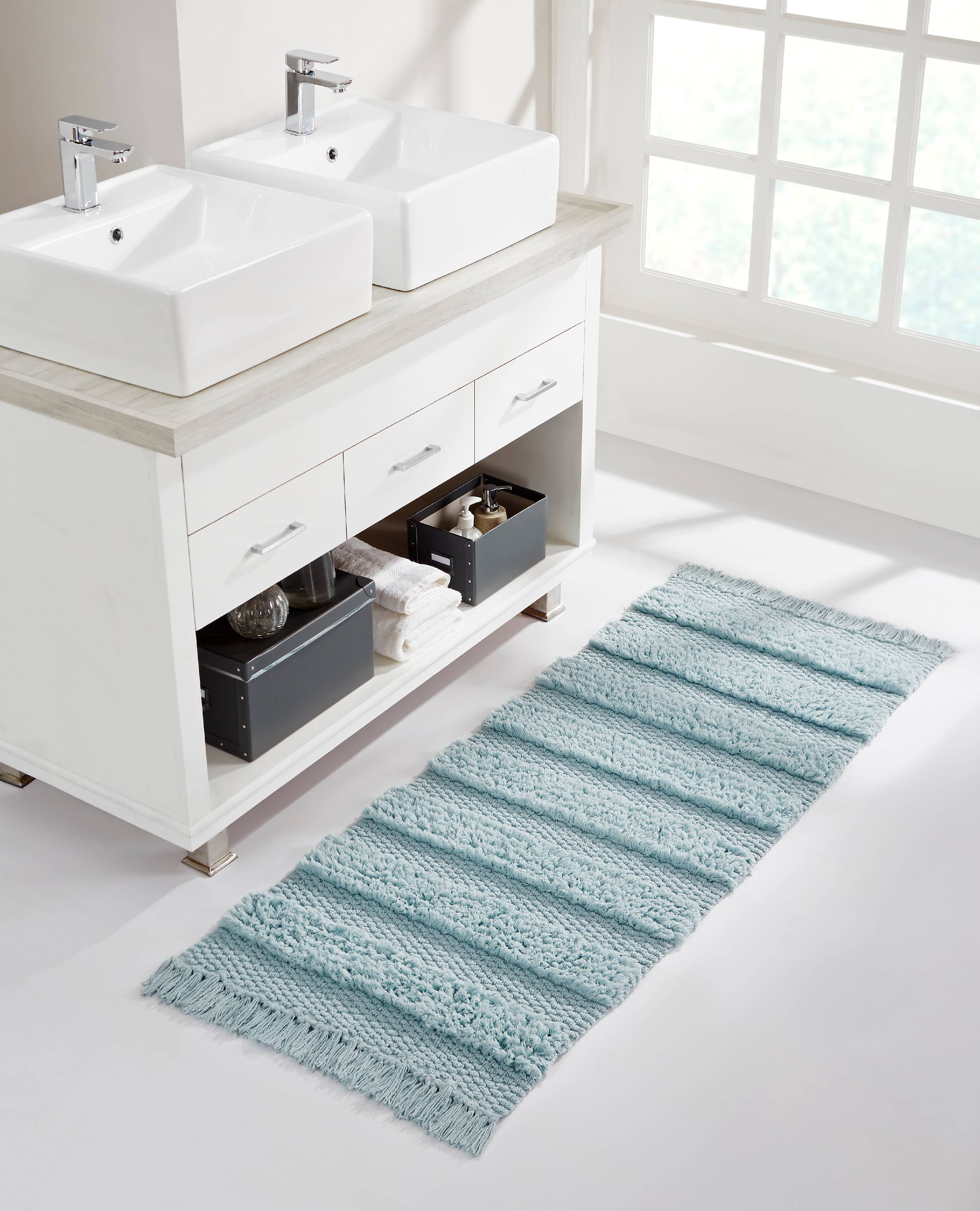 VCNY Home Savannah Fringe Blue Stripe Cotton Blend Bath Runner Rug, 24 ...