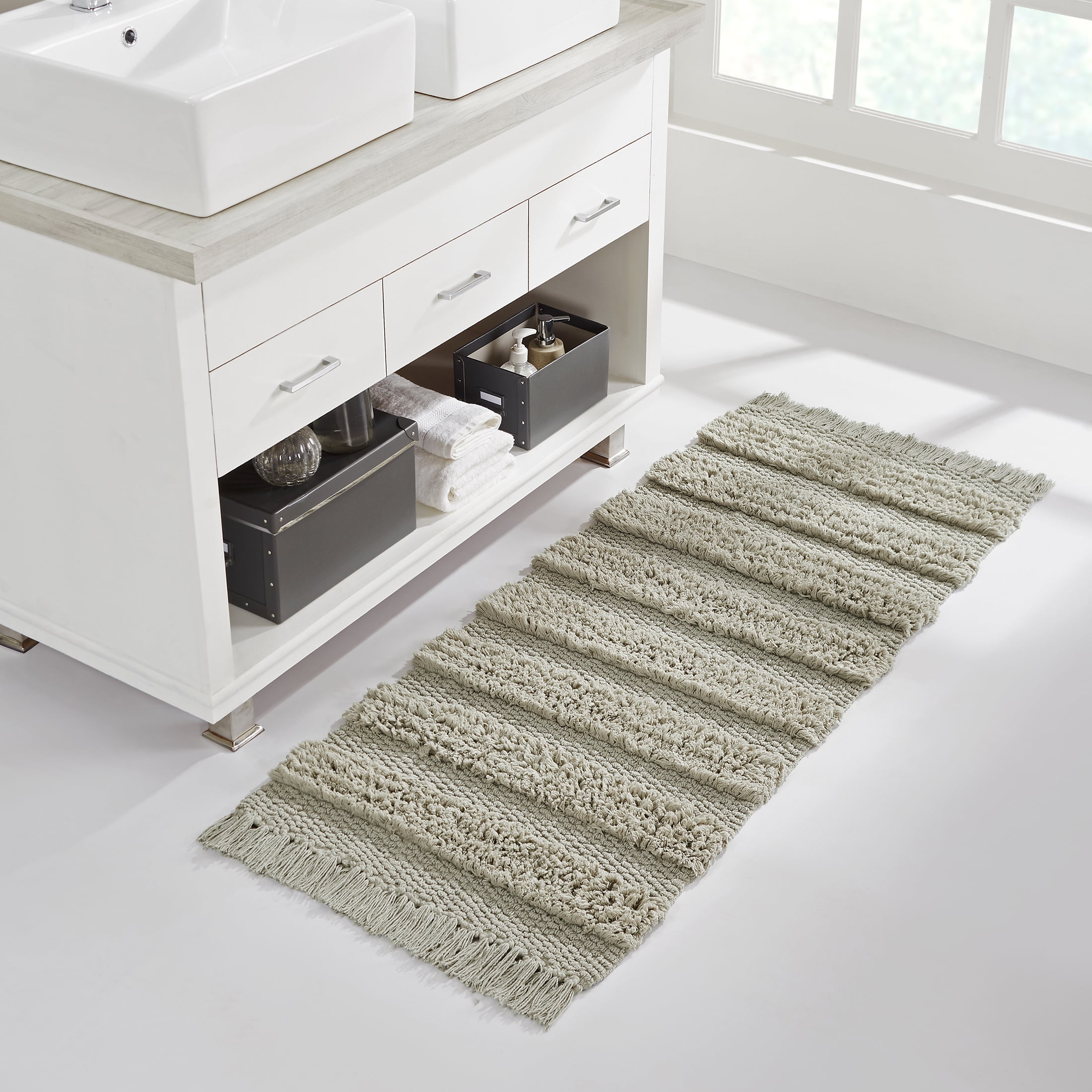 VCNY Home Savannah Fringe Taupe Stripe Cotton Blend Bath Runner Rug, 24 ...