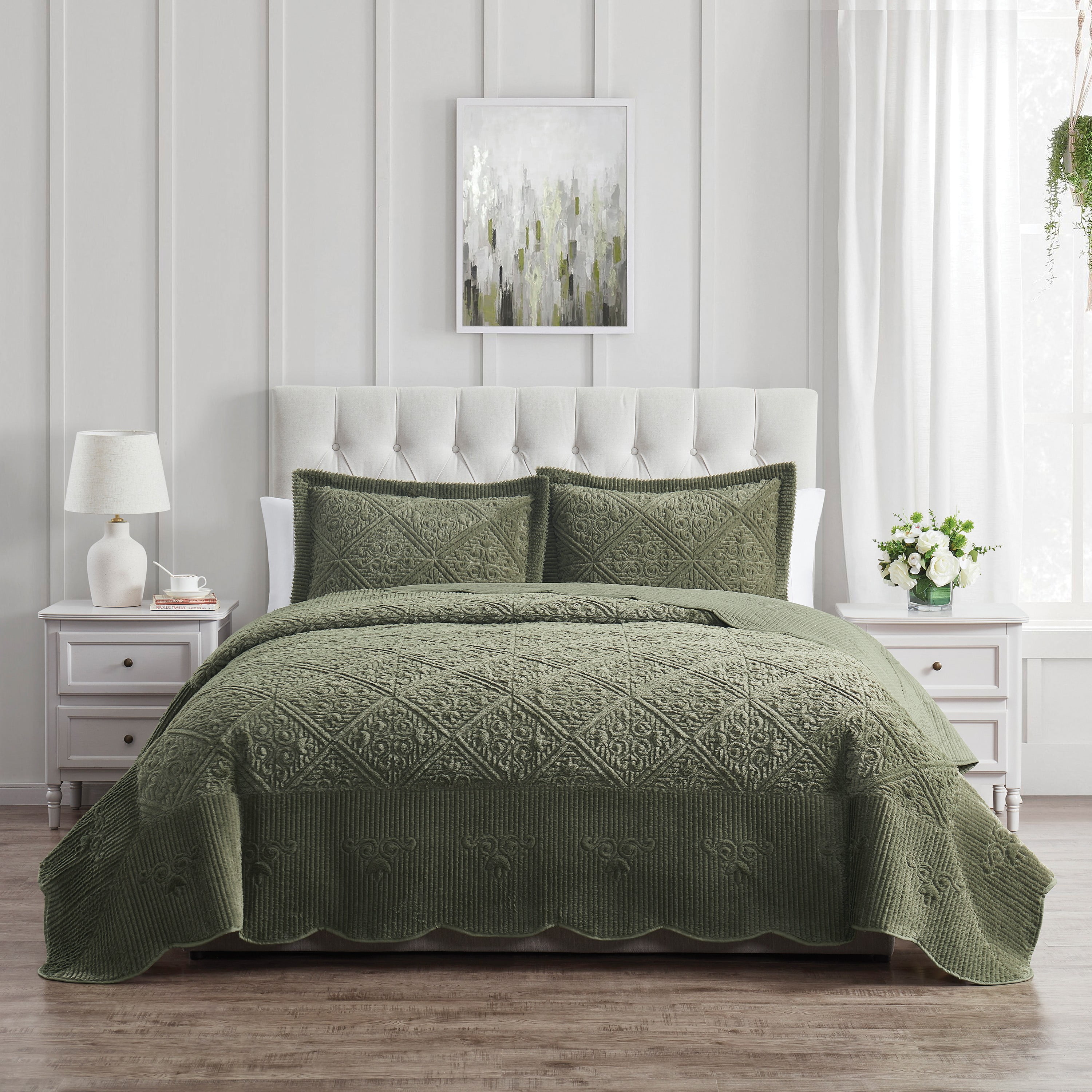 VCNY Home Westland 3-Piece Olive Moss Solid Tile Bedspread Set, King ...