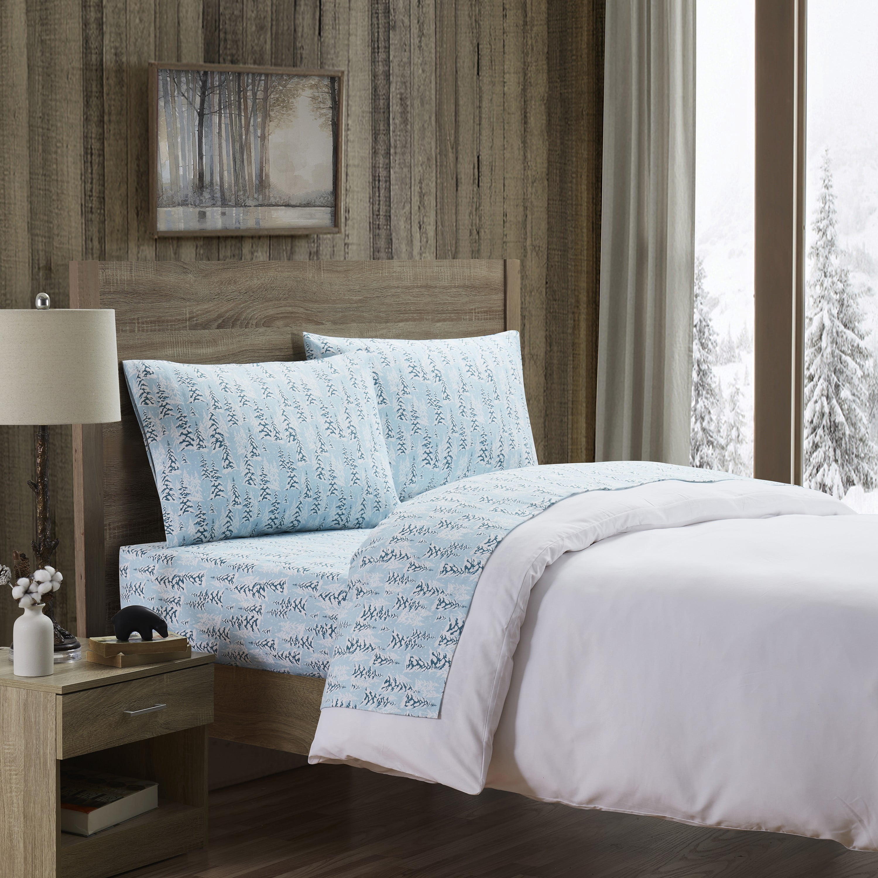 VCNY Home Winter Trees 4-Piece Blue Cotton Flannel Bed Sheet Set, Full ...