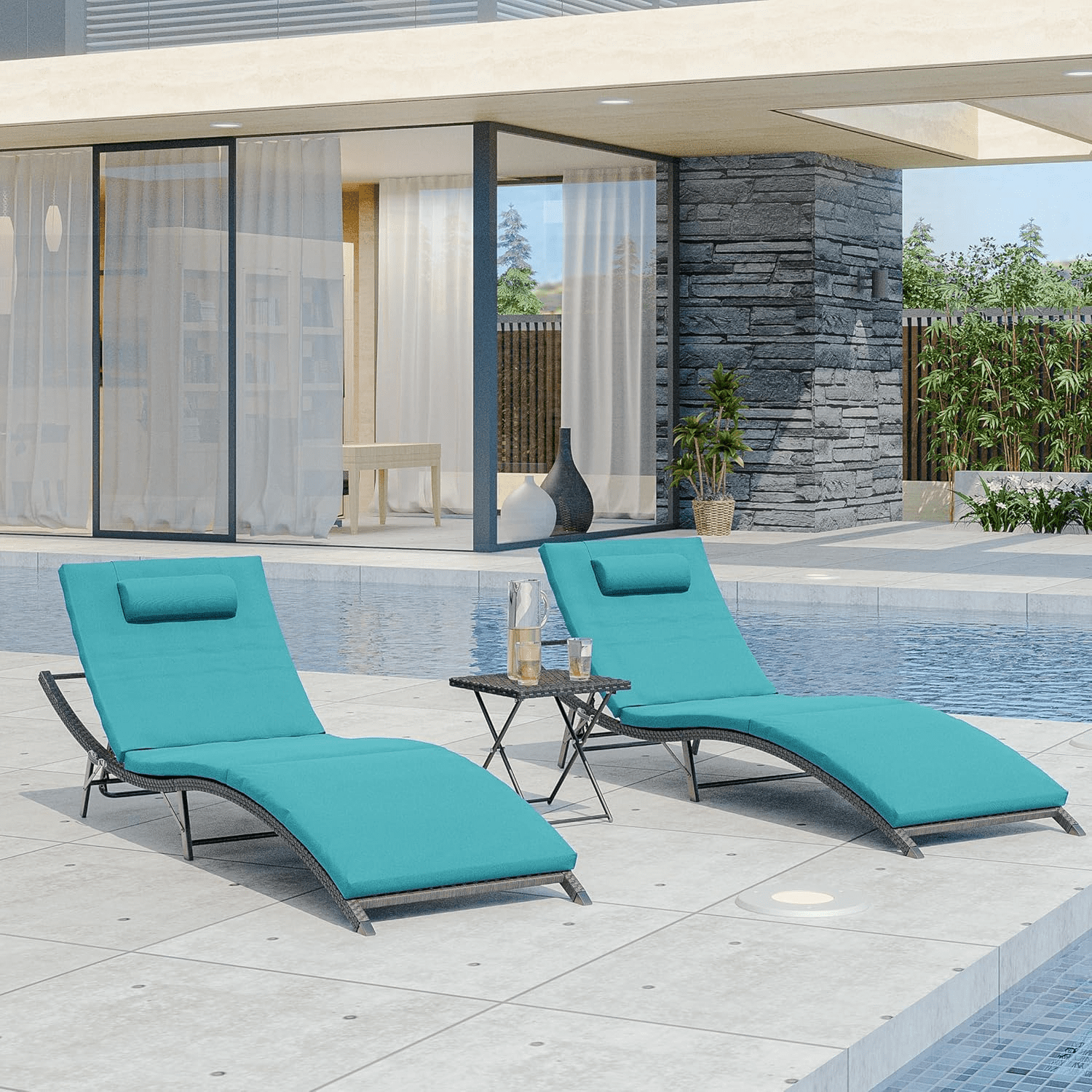 VCTUBUINUOI Chaise Lounge Set 3 Pieces Outdoor Rattan Wicker Pool ...