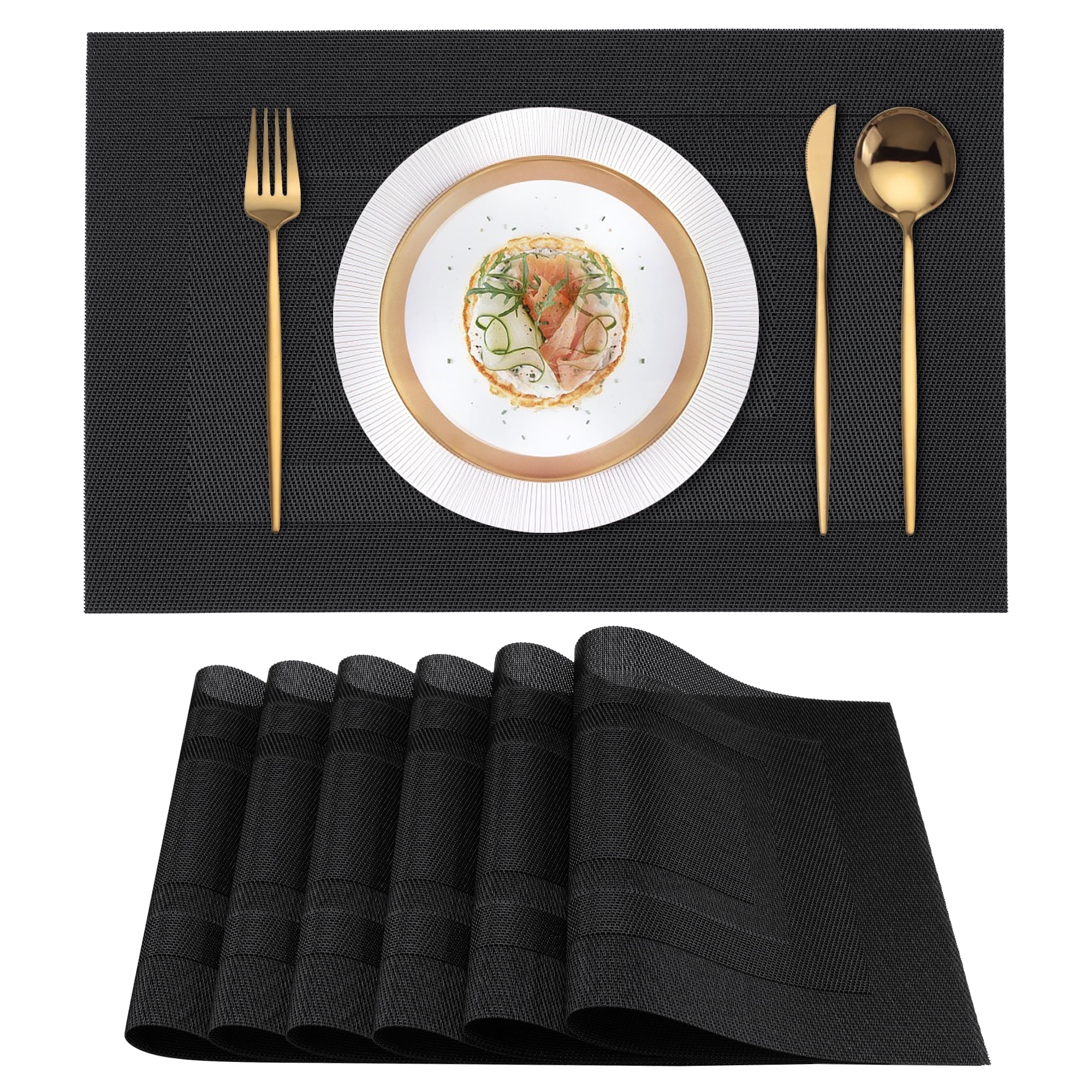 VCVCOO Black Placemats Set of 6 Washable Woven Vinyl Placemats, Easy to ...