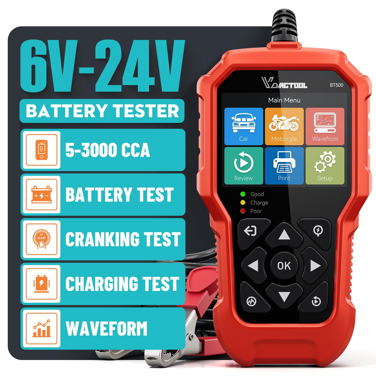 VDIAGTOOL BT500 Car Battery Tester 6V 12V 24V, 5–3000 CCA Load Tester ...