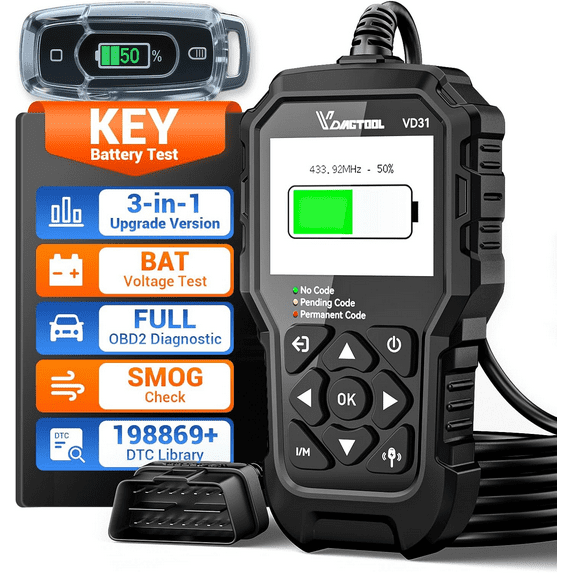 VDIAGTOOL VD31 Car Code Reader OBD2 Scanner with Key Fob Battery Tester ...