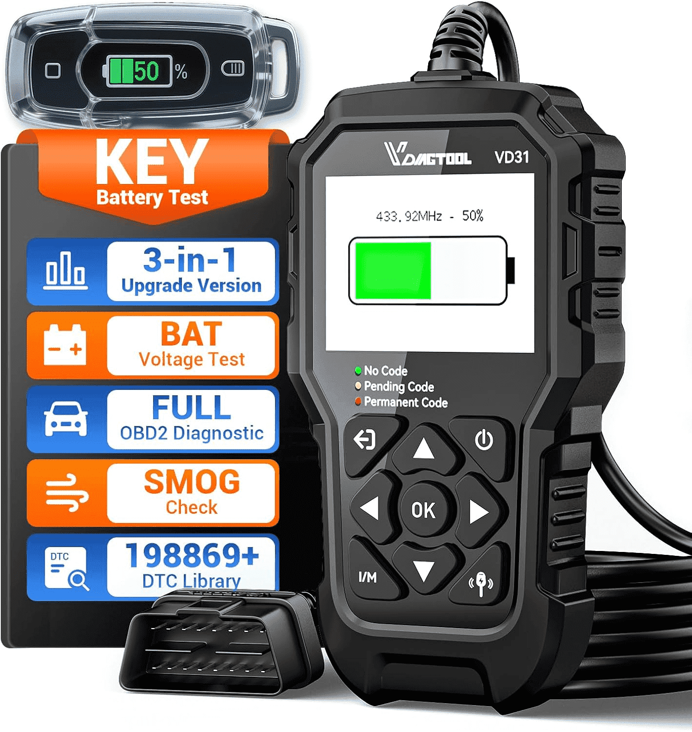 VDIAGTOOL VD31 Car Code Reader OBD2 Scanner with Key Fob Battery Tester ...