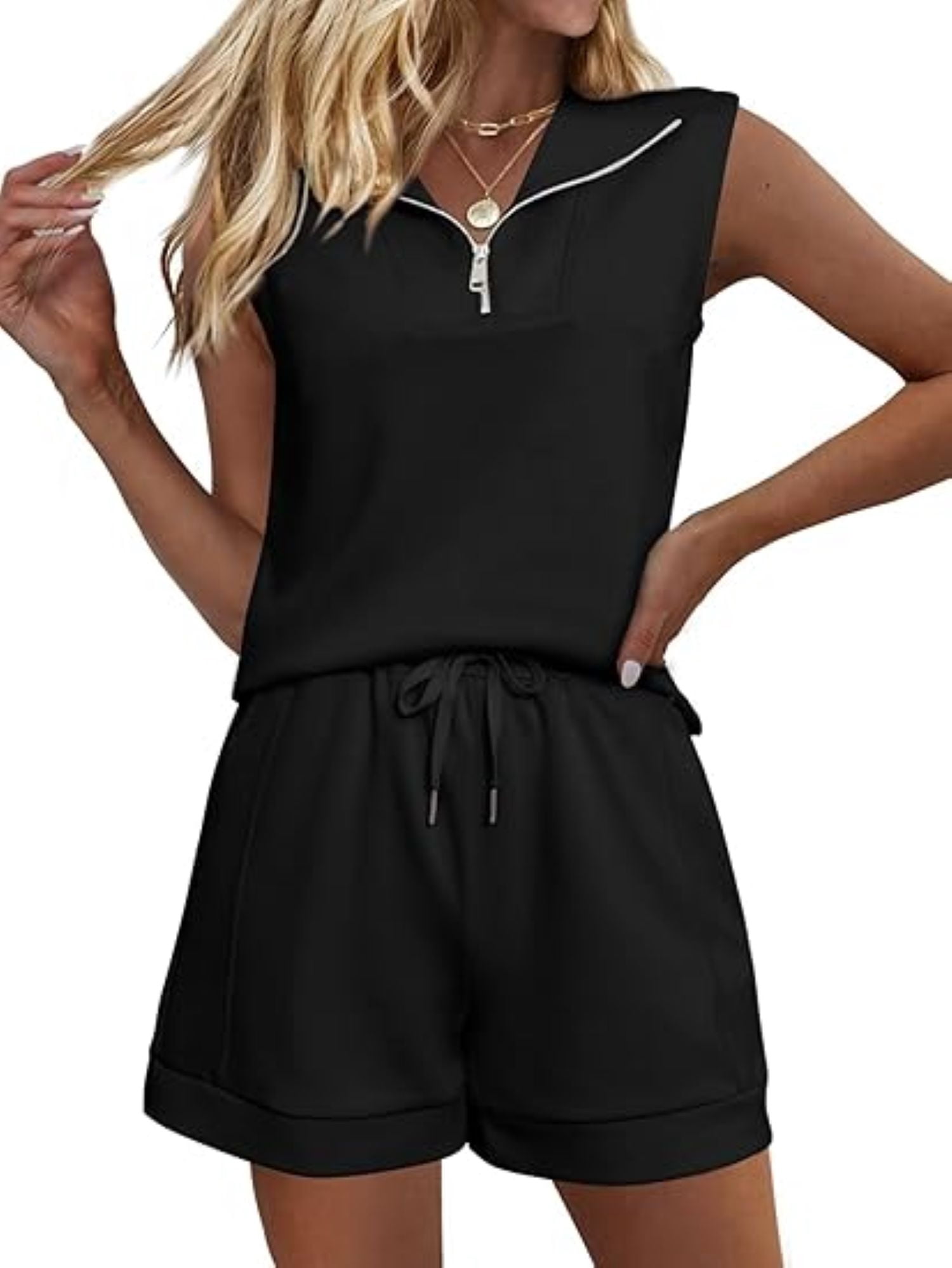 VDJ 2 Piece Sets for Women Sleeveless Zipped Tops Elastic Waisted ...