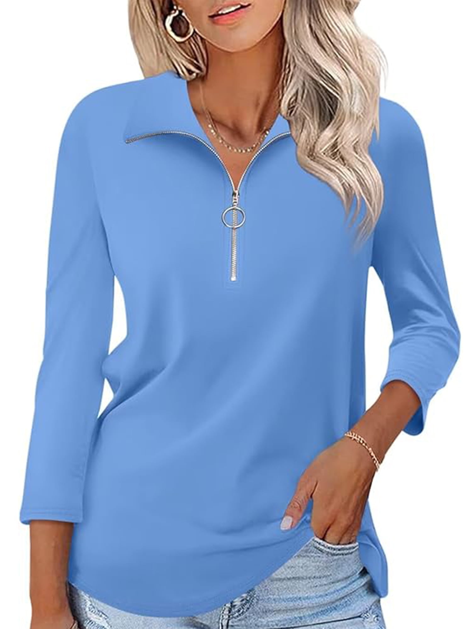 Customer reviews for VDJ 3/4 Sleeve Shirts for Women Half Zip Collared Tops Summer Fall Collar ...