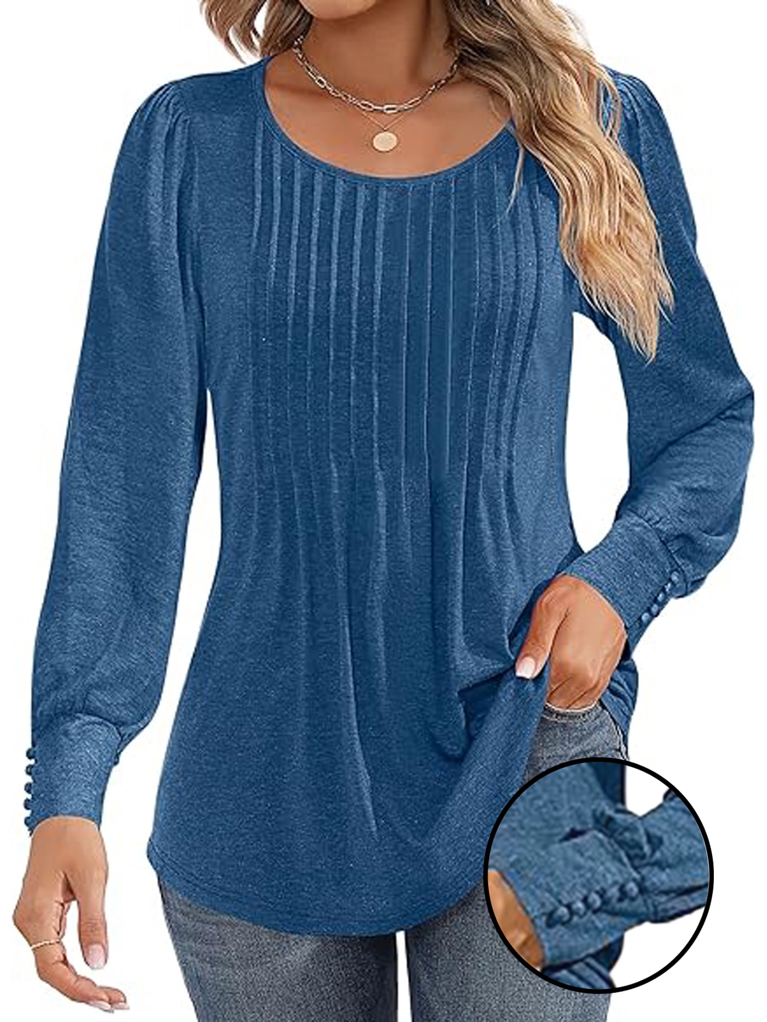 VDJ Blouses for Women Casual Round Neck Pleated Tunic Dressy Tops Long ...