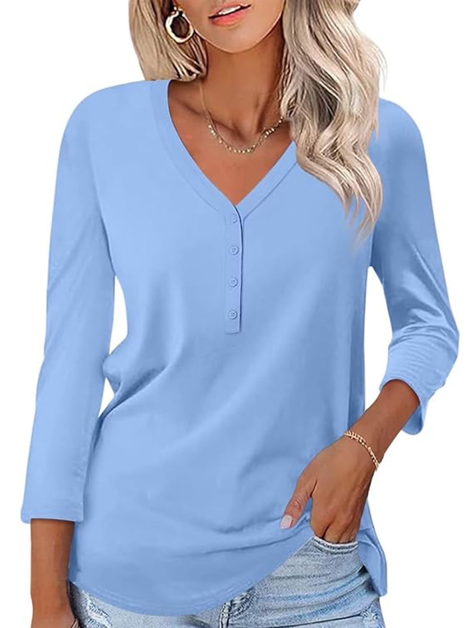 VDJ Women's 3/4 Sleeve V Neck Sky Blue Solid Shirts, Casual Fit Tops, Size - Walmart.com