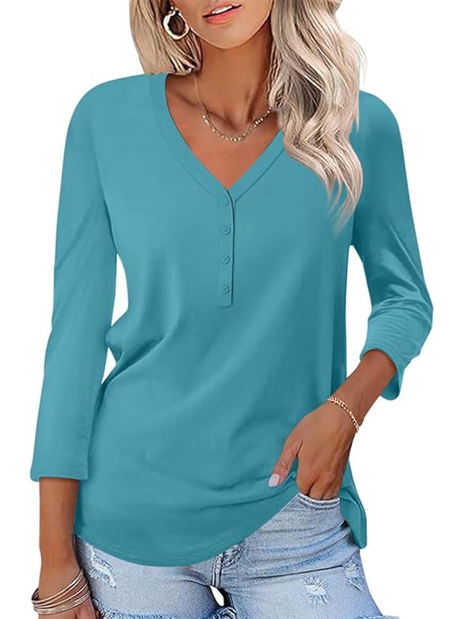 VDJ Women 3/4 Sleeve V Neck Tops, Button Up Casual Solid T Shirts, Soft ...