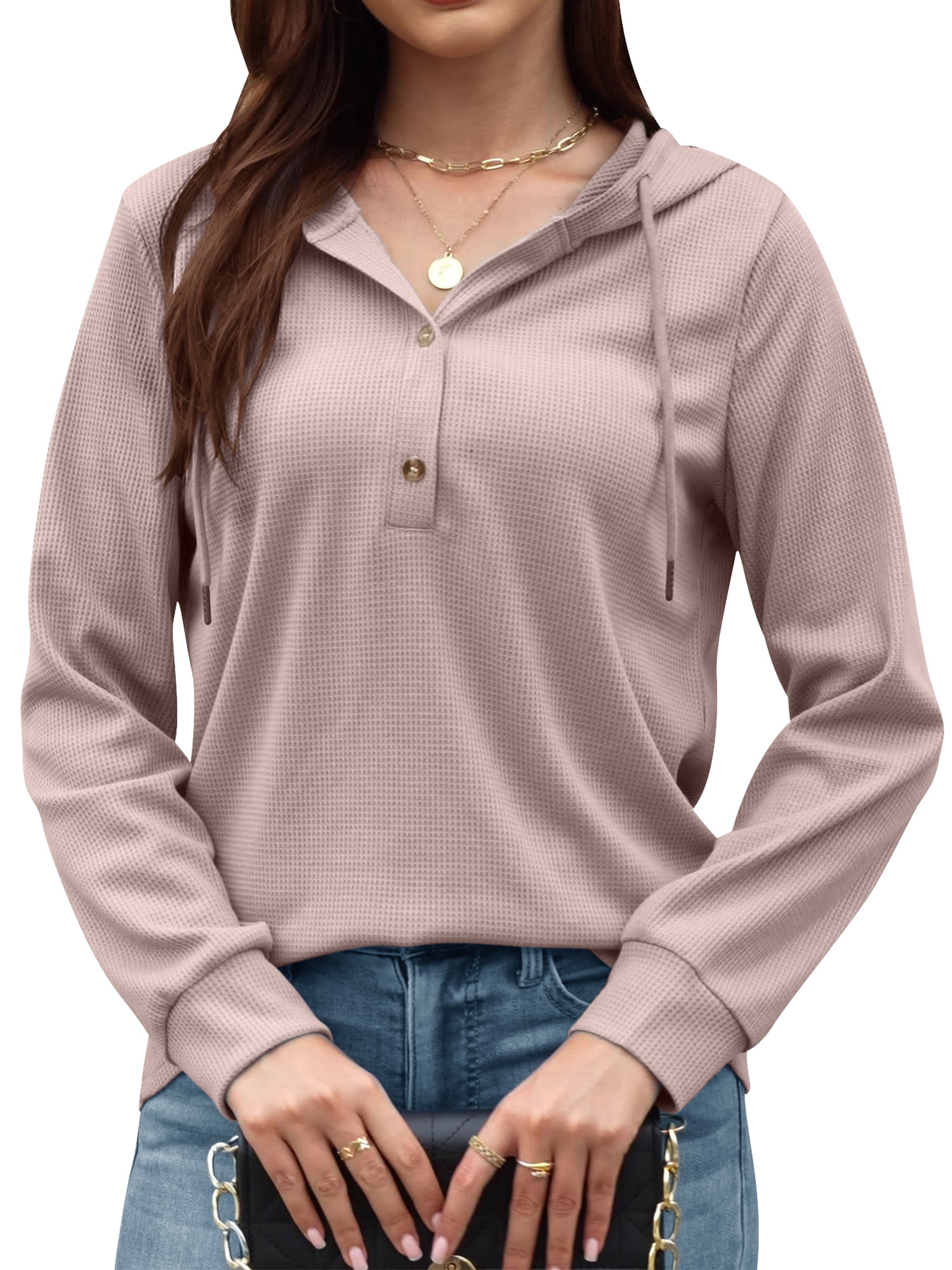 VDJ Hooded Tops for Womens Casual Loose Waffle Knitwear Drawstring ...