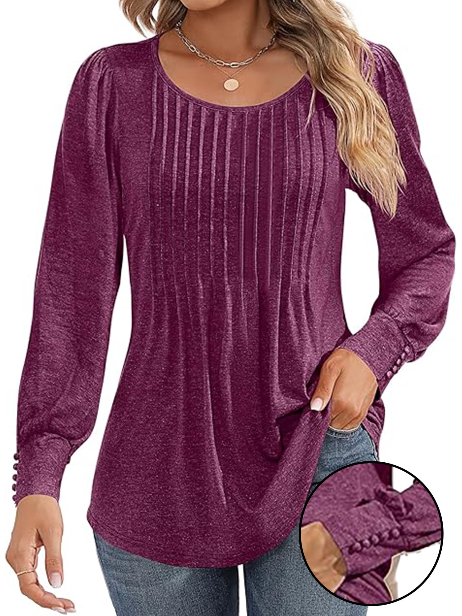 VDJ Long Sleeve Tops for Women Casual Fall Blouses Pleated Tshirts ...