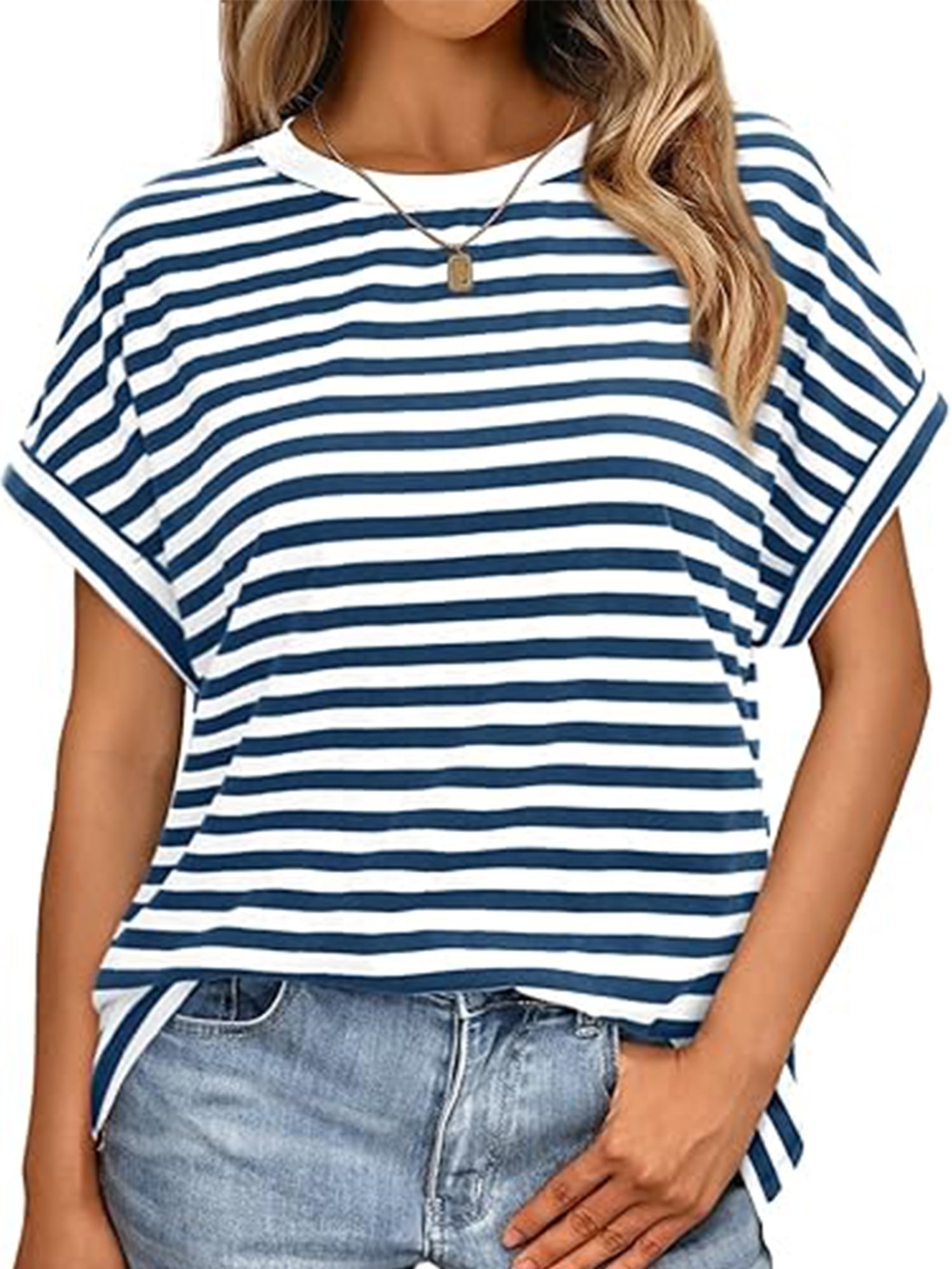 VDJ Striped Tops for Women Loose Summer Tee Shirt Casual Short Sleeve ...