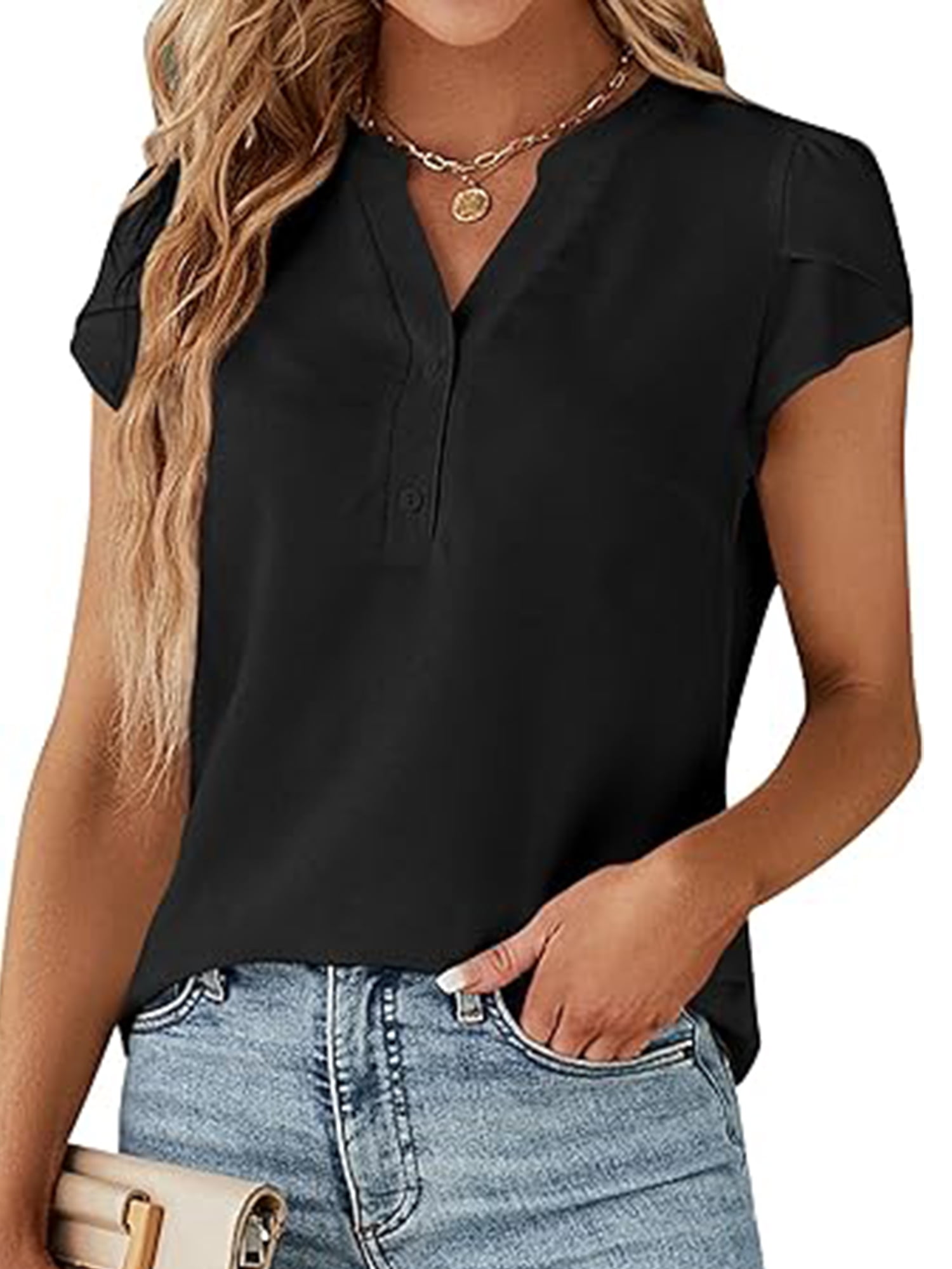 VDJ Flowy Black Blouse for Women, Short Sleeve Casual and Dressy Tops ...