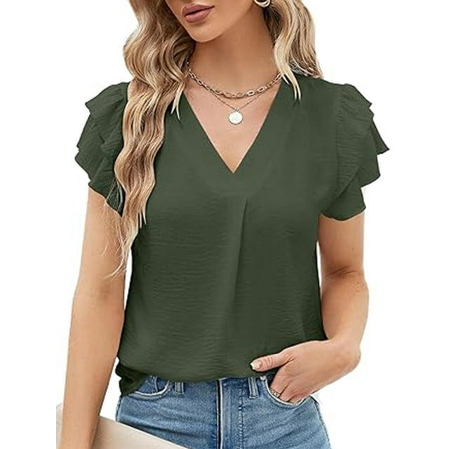 VDJ Tops for Women Summer Boho Trendy Blouses Casual Short Sleeve V ...