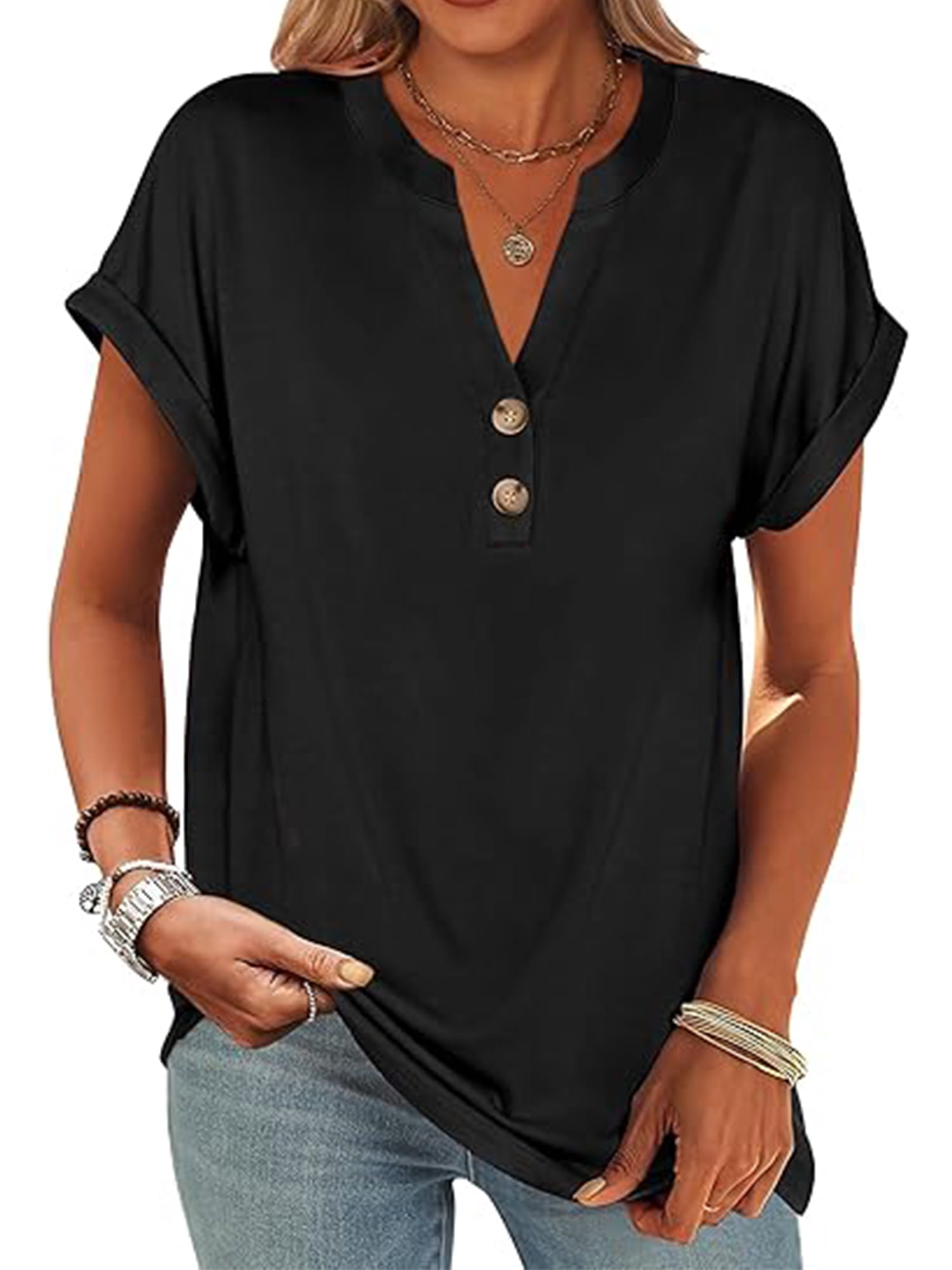 VDJ Tops for Women Summer Short Sleeve Button Up Solid Tee Shirts ...