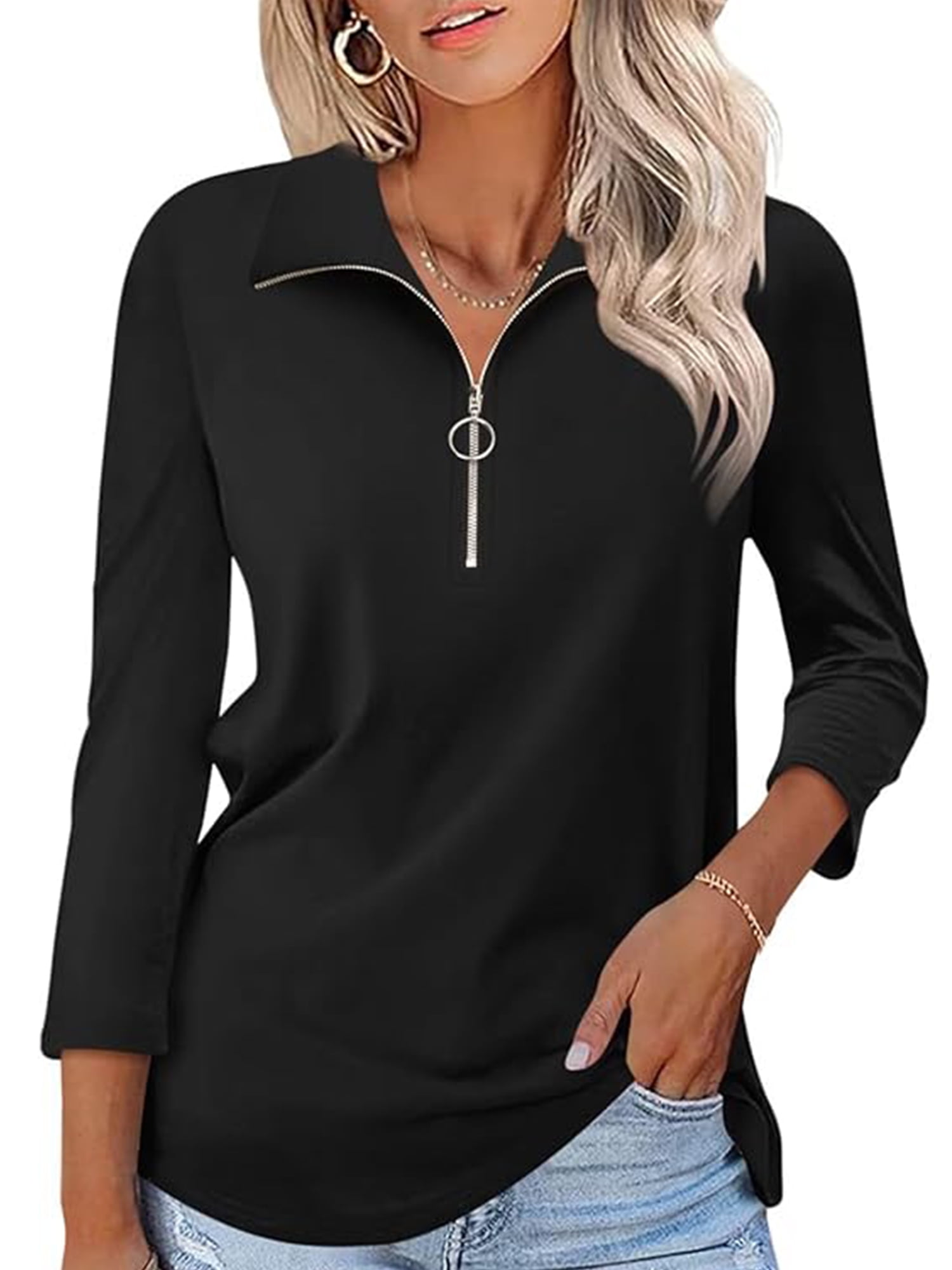 VDJ Women's 3/4 Sleeve Solid Black Blouse, Zipper V Neck Casual T-Shirt ...