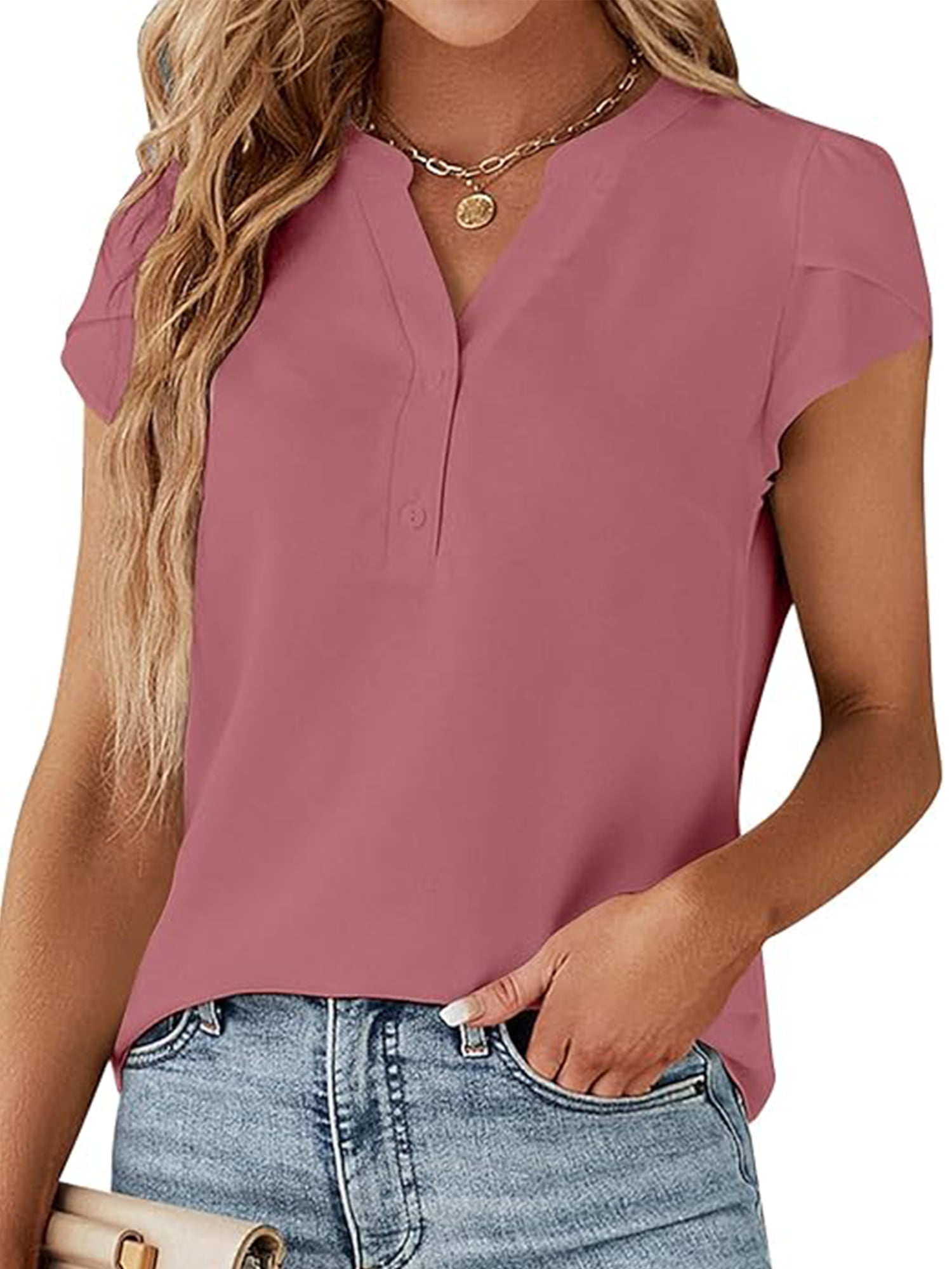 VDJ Women Blouses Summer Short Sleeve V Neck Casual Dressy Tops Flowing ...
