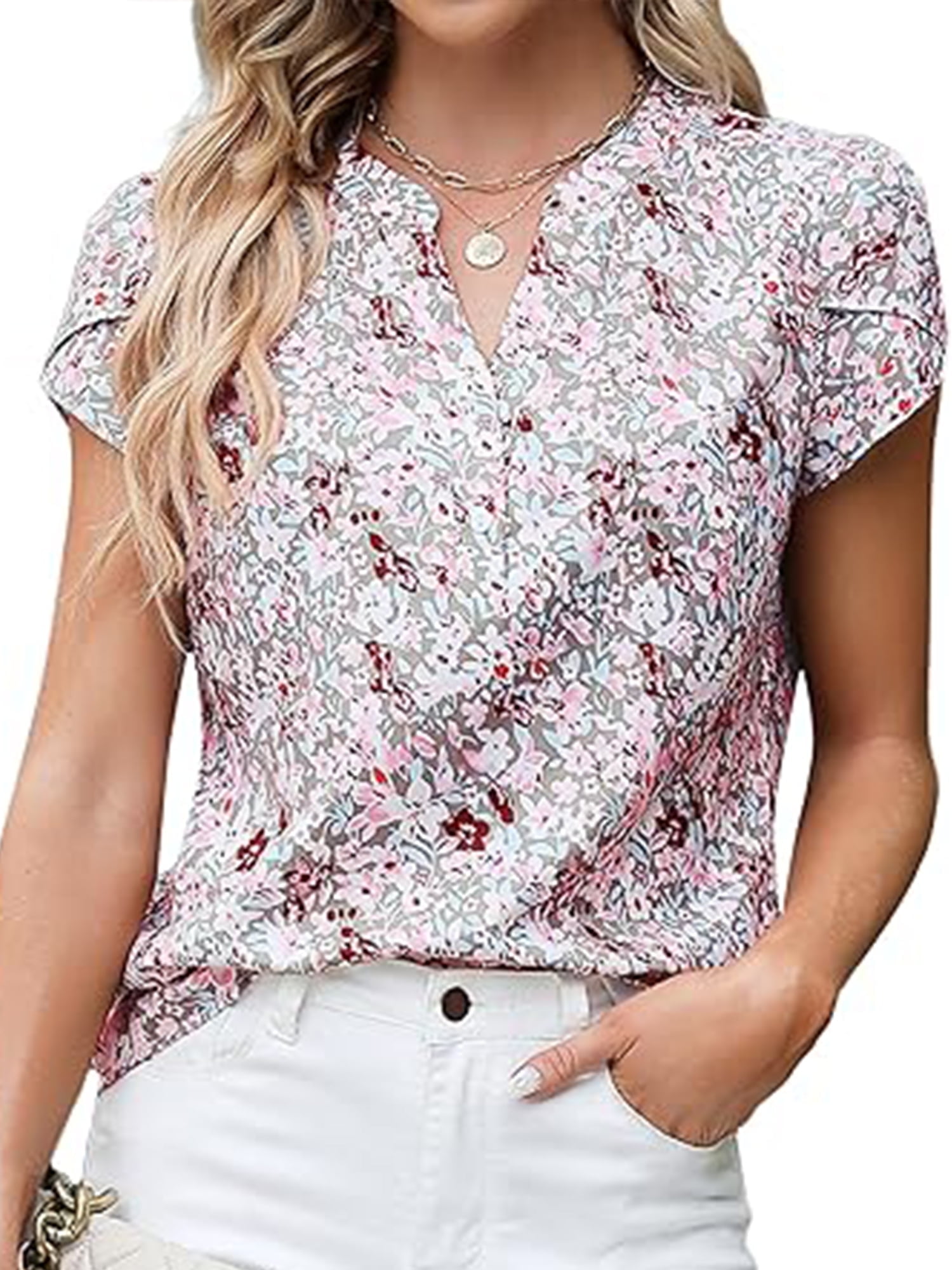VDJ Women Casual Tops Short Sleeve Floral Printed Summer Boho Fashion ...