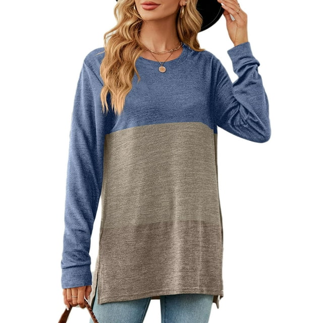 VDJ Women Color Block Tops Fashion Long Sleeve Crewneck Tshirt Shirts ...