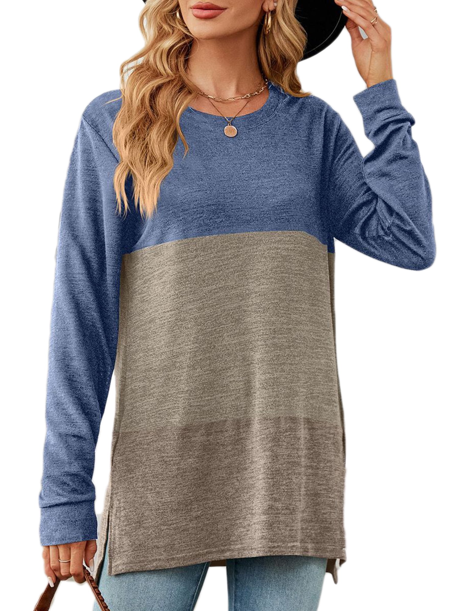 VDJ Women Color Block Tops Fashion Long Sleeve Crewneck Tshirt Shirts ...