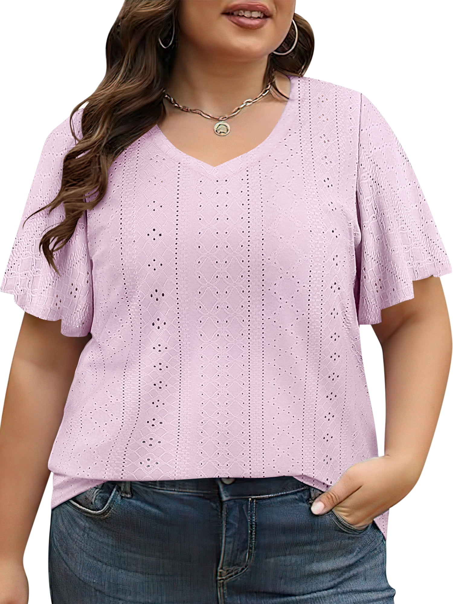 VDJ Women Dressy Tops Summer Short Sleeve Plus Size Casual Light Weight ...