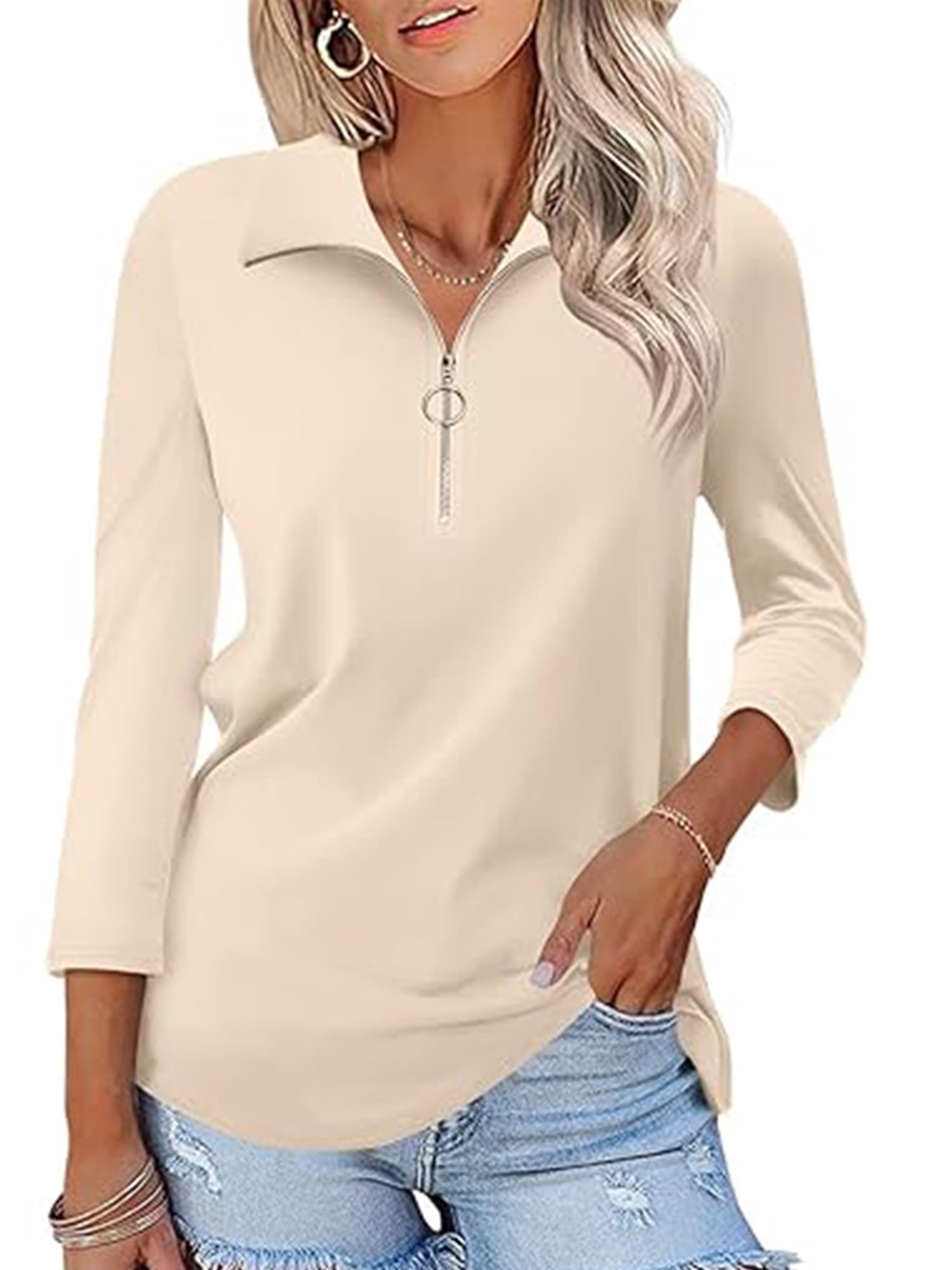VDJ, Women Fall Blouse, Size XL, 3/4 Sleeve Zipped Basic T Shirt ...