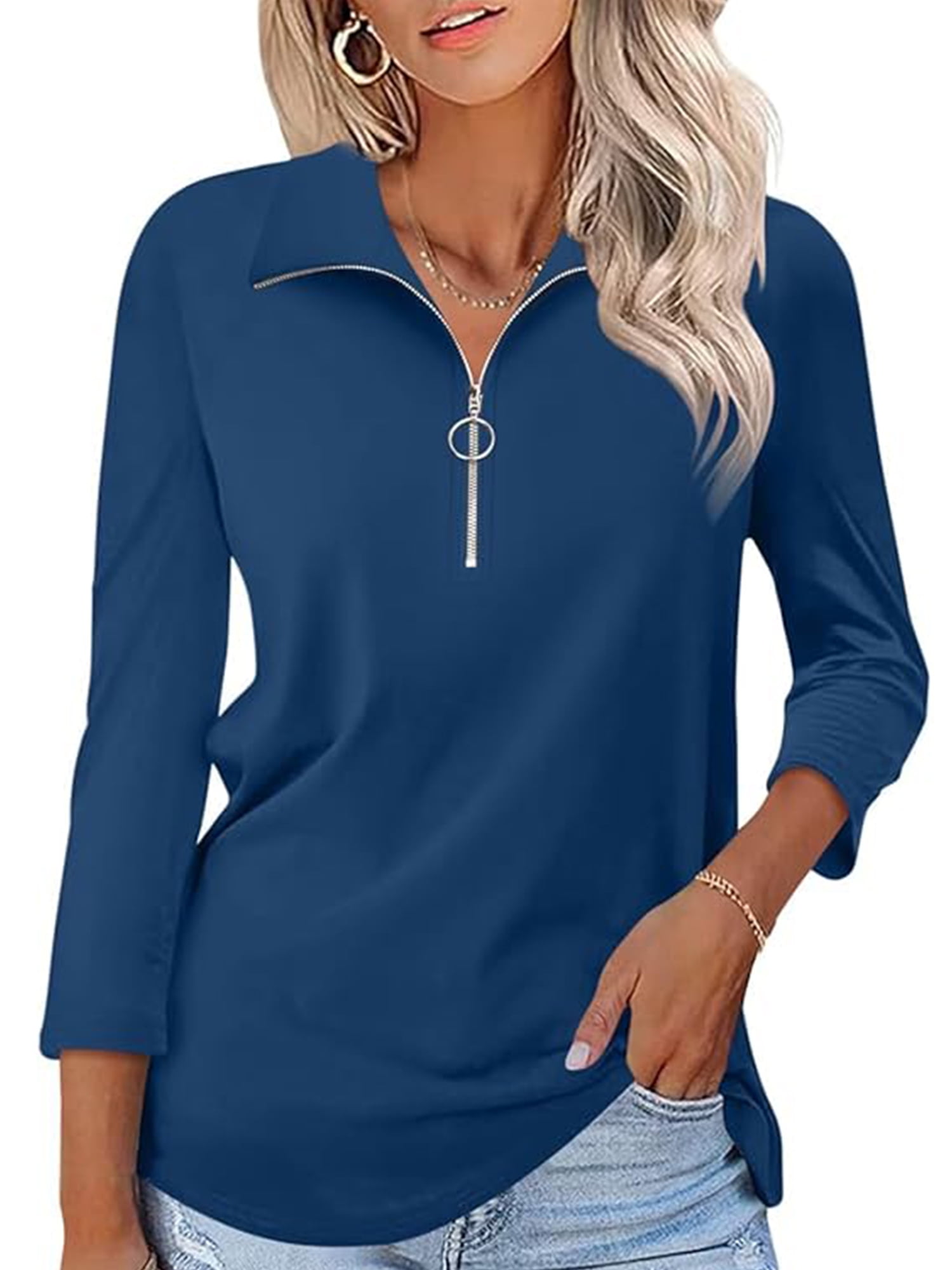 VDJ Women Fall Tops 3/4 Sleeve Fashion Half Zipper Collared Polo Shirts ...