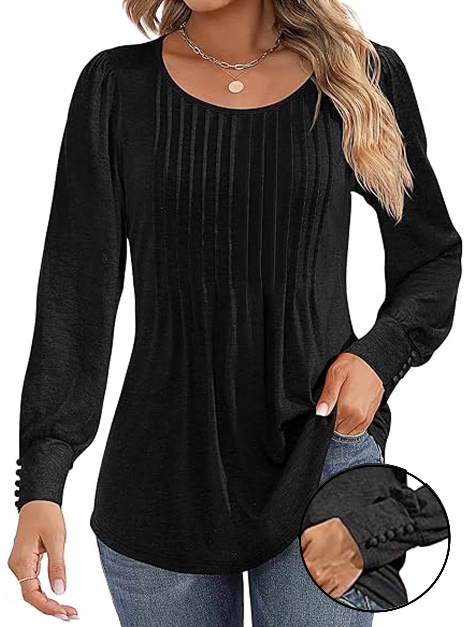 VDJ Women Fashion Blouses Long Sleeve Solid Fall Tops Pleated Crew Neck ...