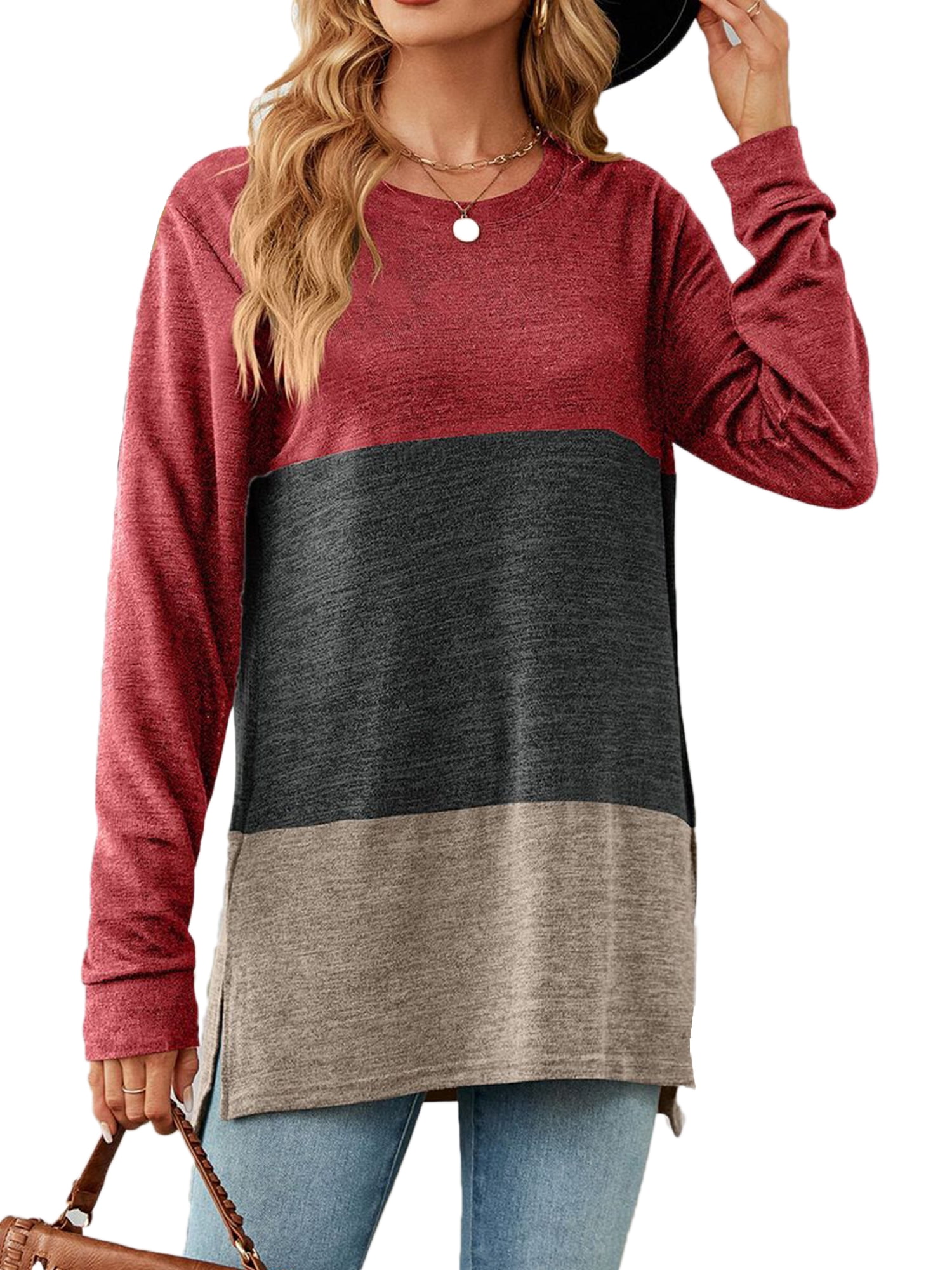 VDJ Women Long Sleeve Tunic Tops Color Block Casual Crew Neck Pullover ...