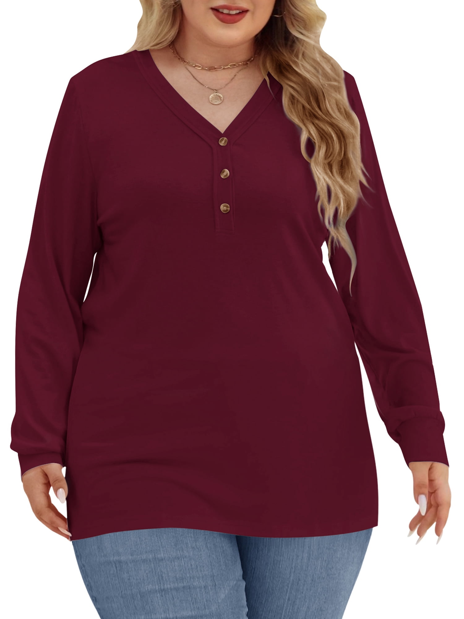Women Long Sleeve Tops Plus Button V Neck Fall Tshirts Comfort ...