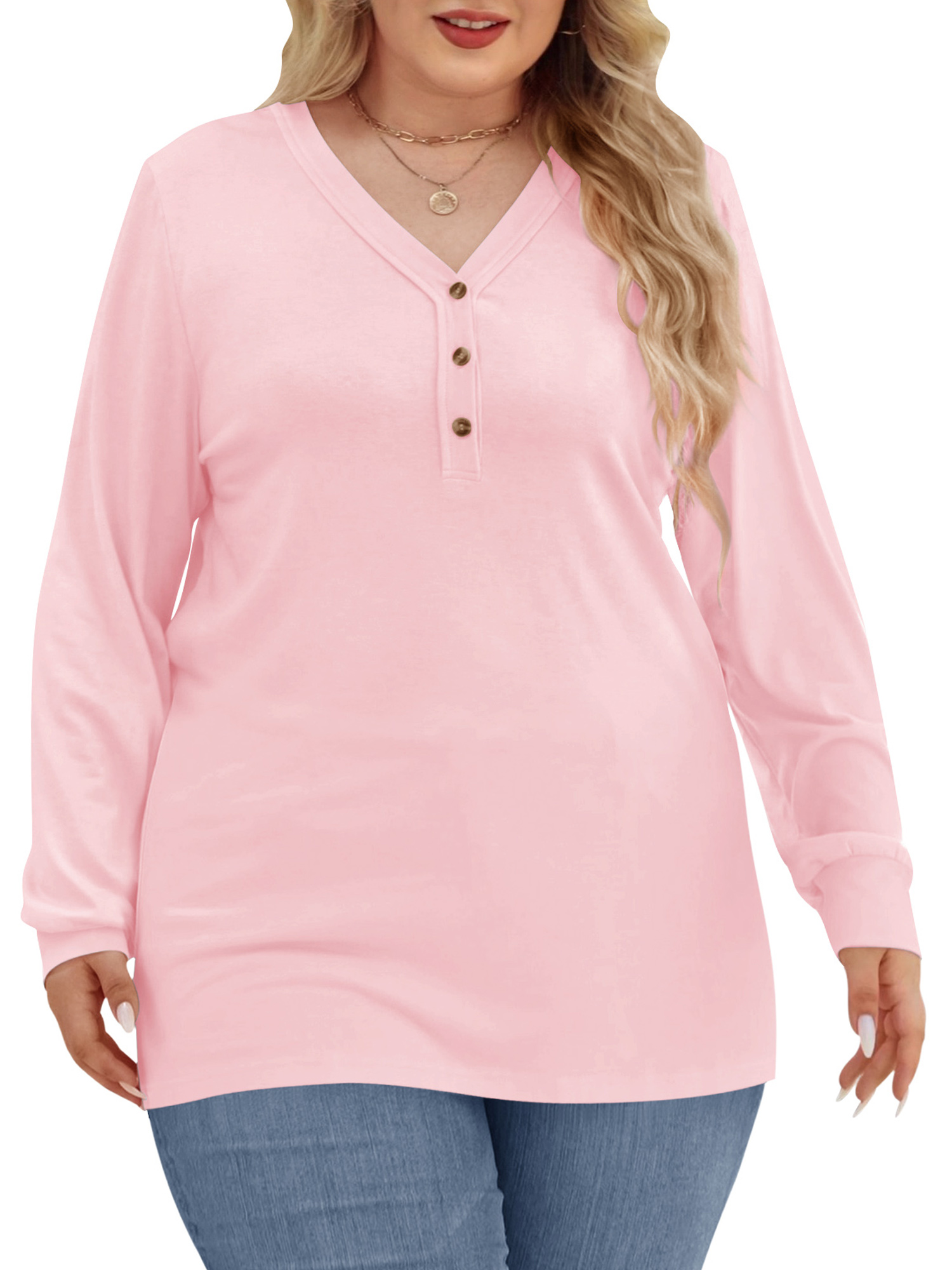 Women Plus Size Tops Long Sleeve Button V Neck Long Sleeve Casual T ...