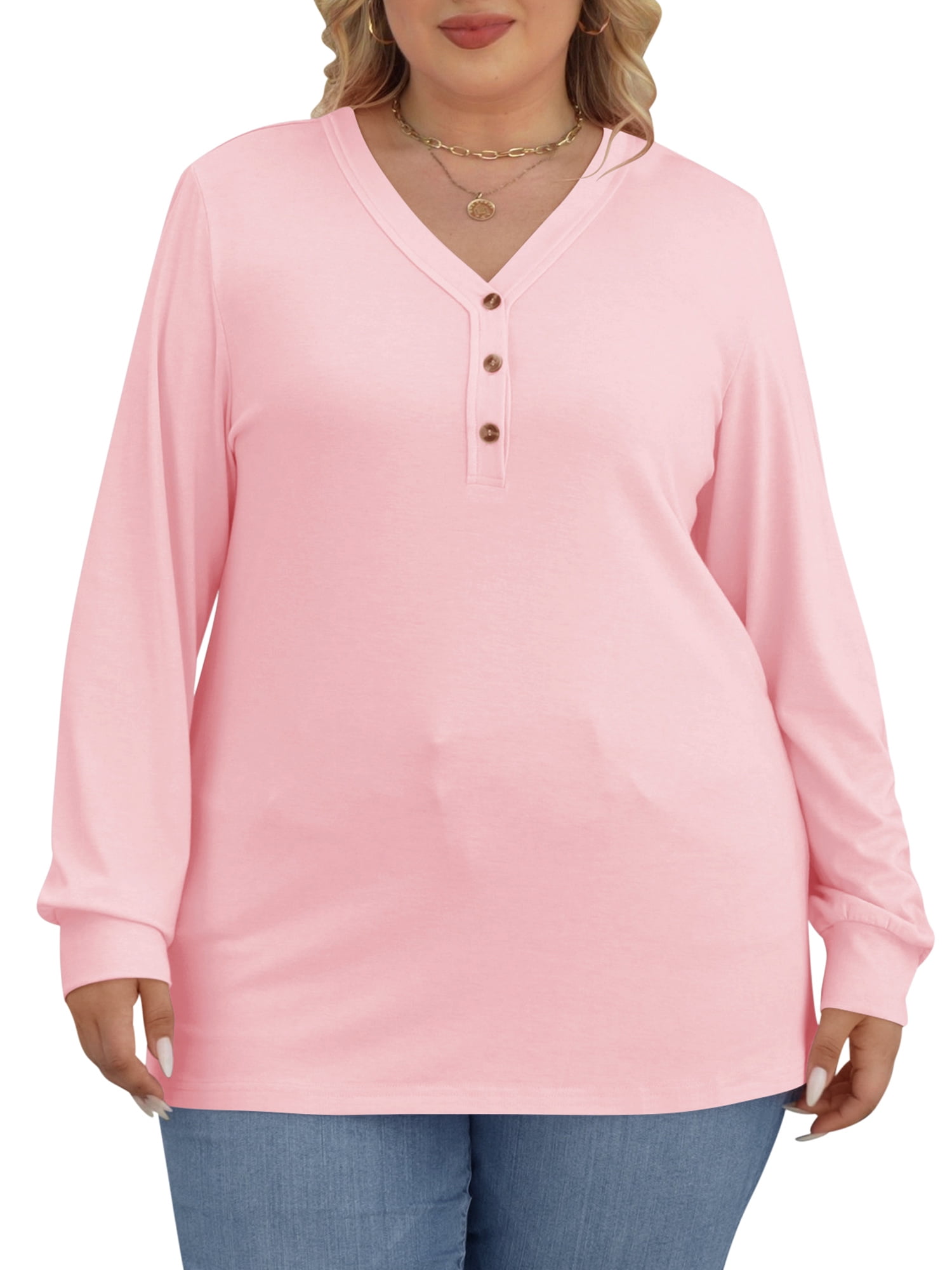 Women Plus Size Tops Long Sleeve Button V Neck Long Sleeve Casual T ...