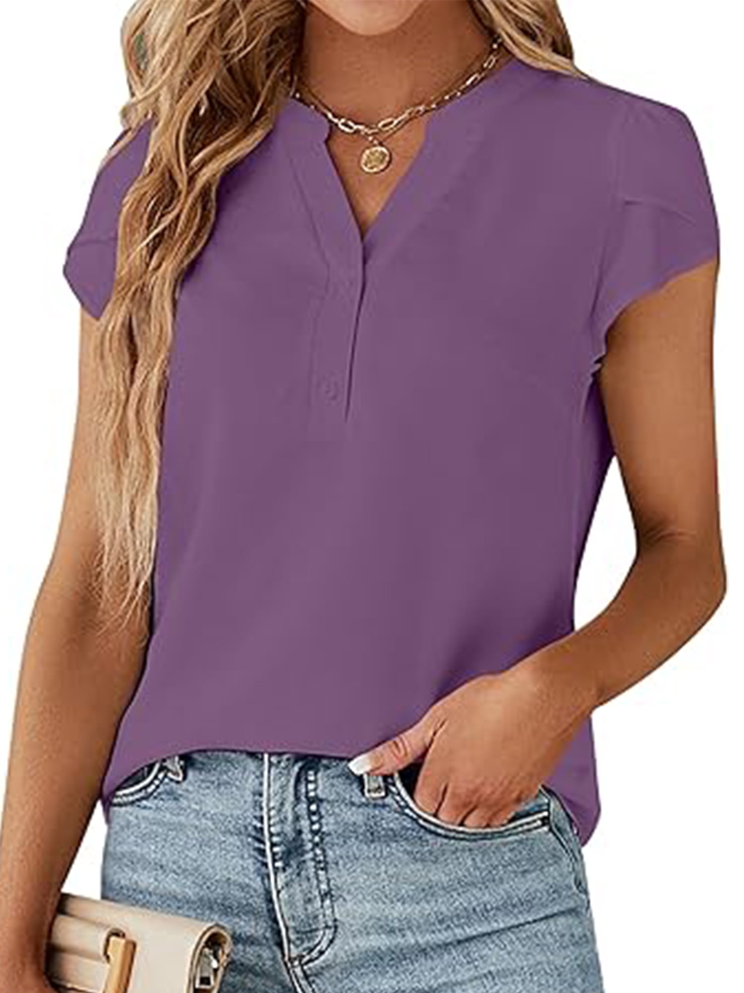 VDJ Women Summer Blouse, Short Sleeve, Button V Neck, Business Casual ...