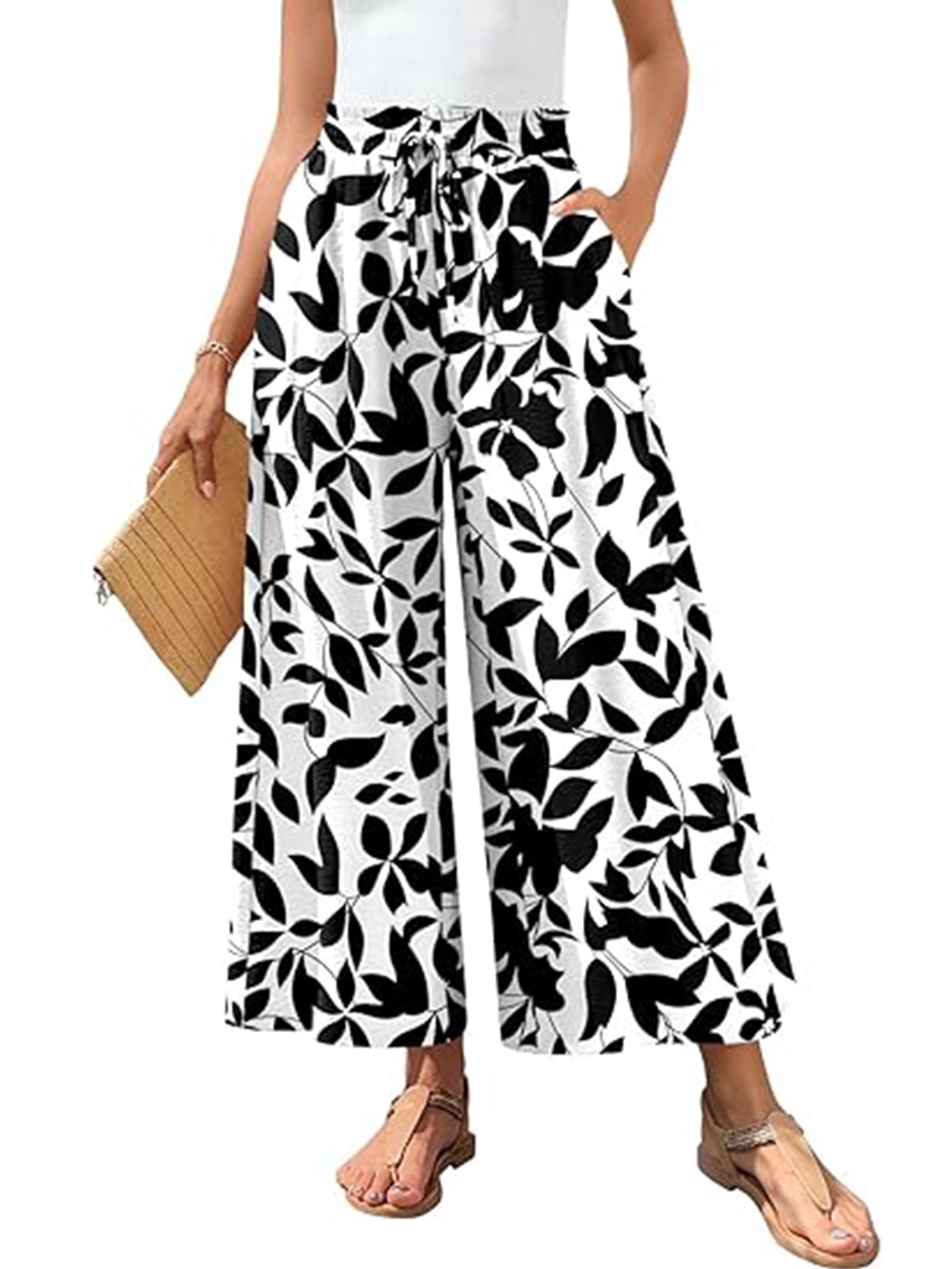 VDJ Women Summer Pants Elastic Waist Floral Bohemian Wide Leg Capri ...