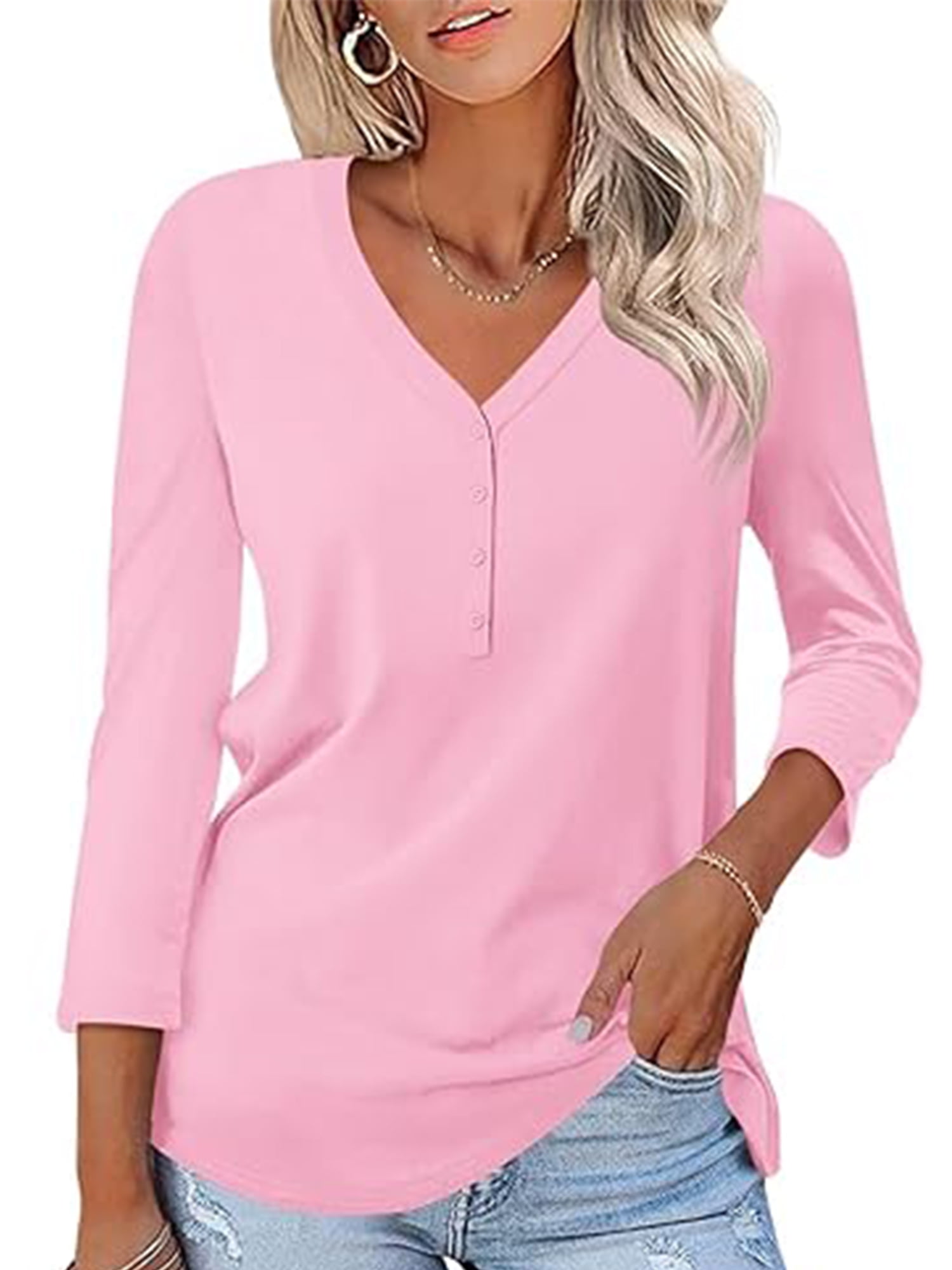 VDJ Women T Shirts 3/4 Sleeve Button V Neck Cute Tops Casual Dark Pink ...
