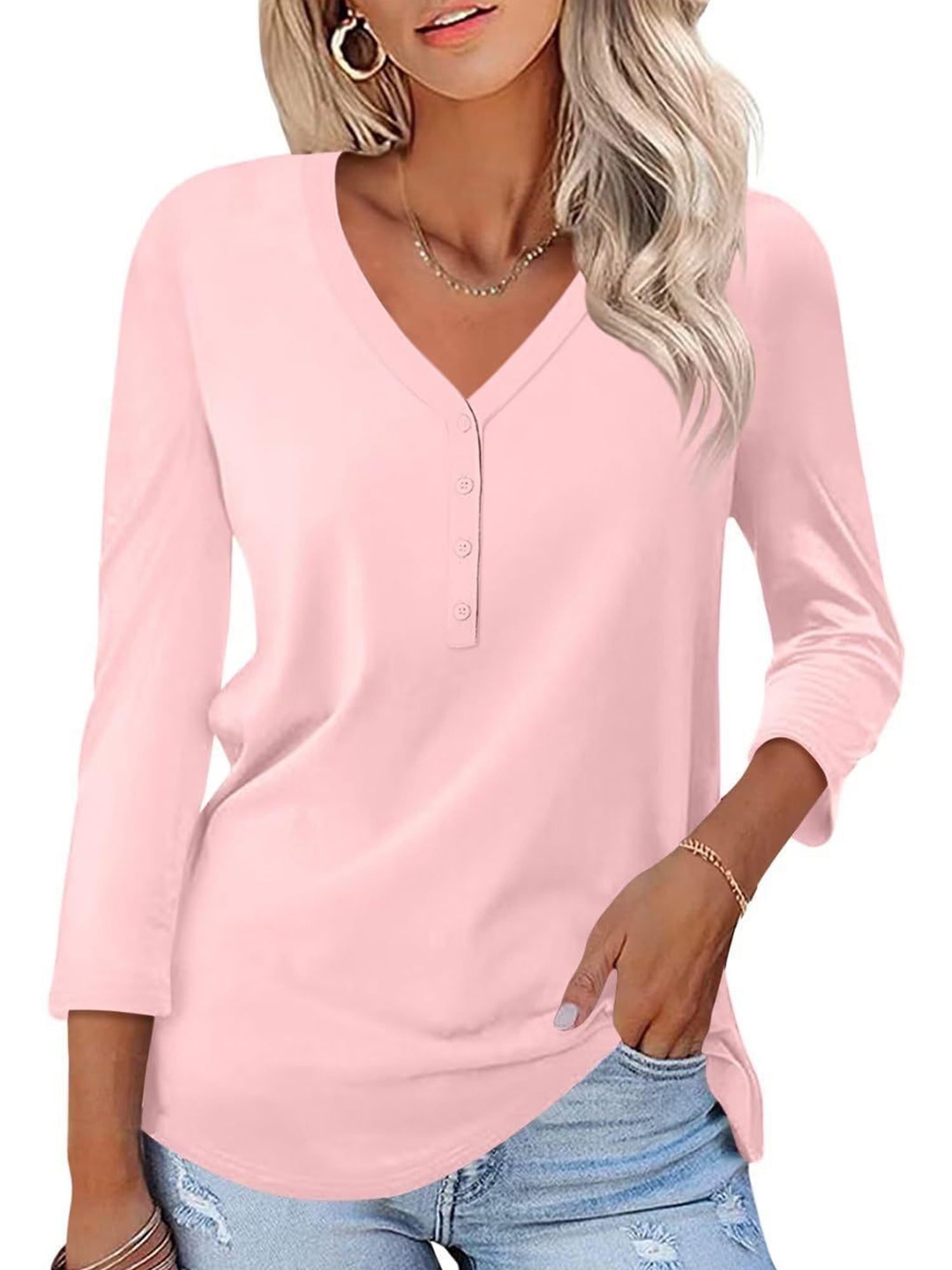 VDJ Women Pink Button V Neck T Shirt, 3/4 Sleeve Casual Fall Top, Solid ...