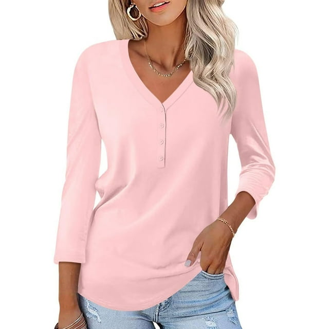 VDJ Women Tops Button V Neck 3/4 Sleeve T Shirts Casual Fall Tops Solid Color Basic Cute Pink ...
