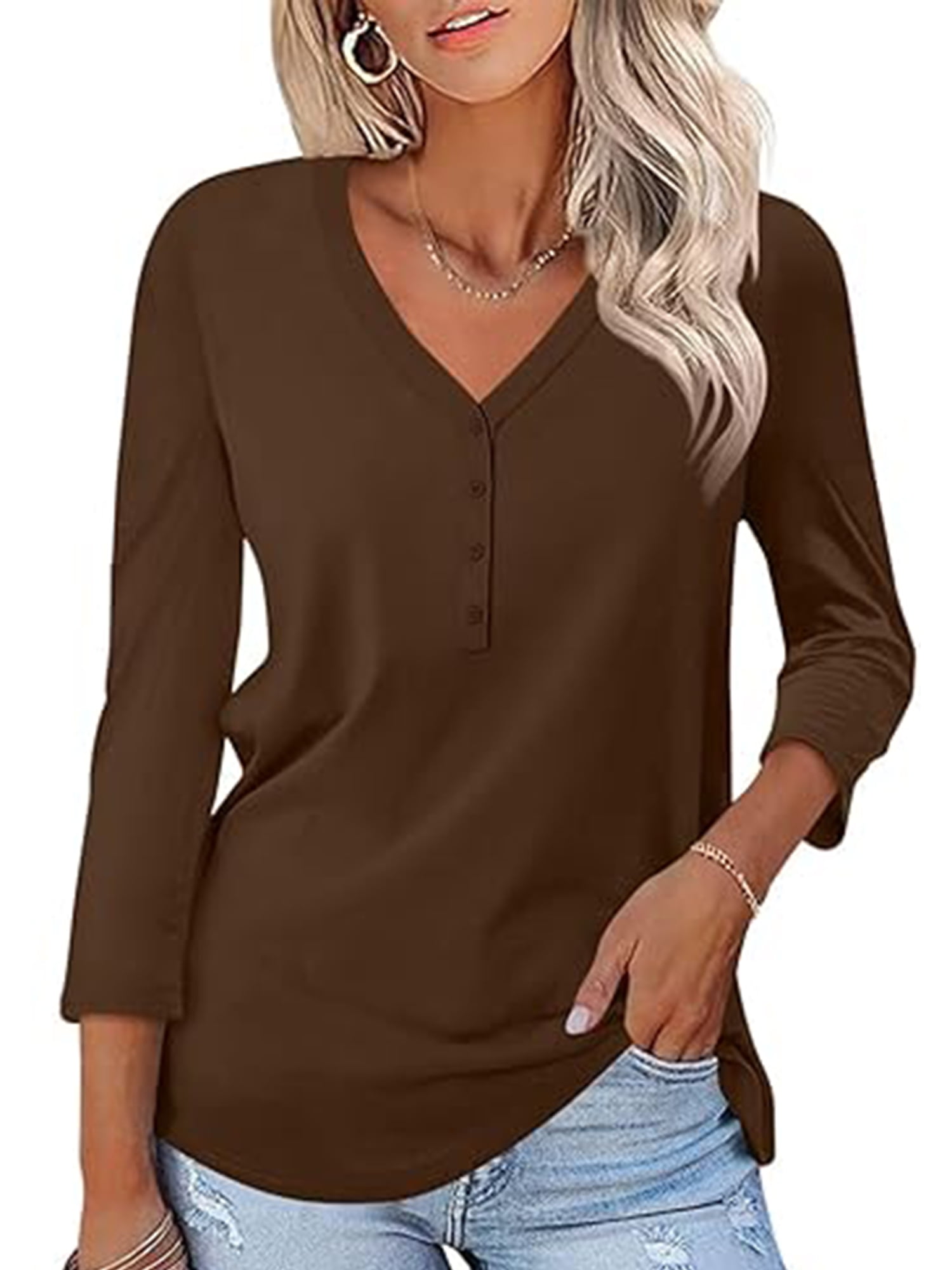 VDJ Women's 2025 Fashion Tops 3/4 Sleeve T-Shirts Cute V Neck Basic ...